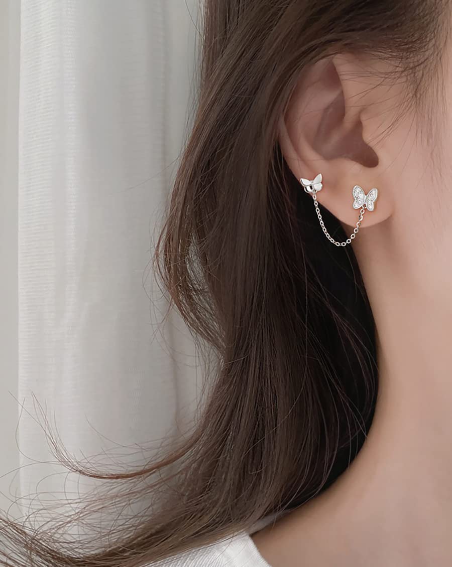 Reffeer 925 Sterling Silver Double Holes CZ Butterfly Chain Stud Earrings Two Butterfly Cuff Climber Earrings for Women Teen (Silver)