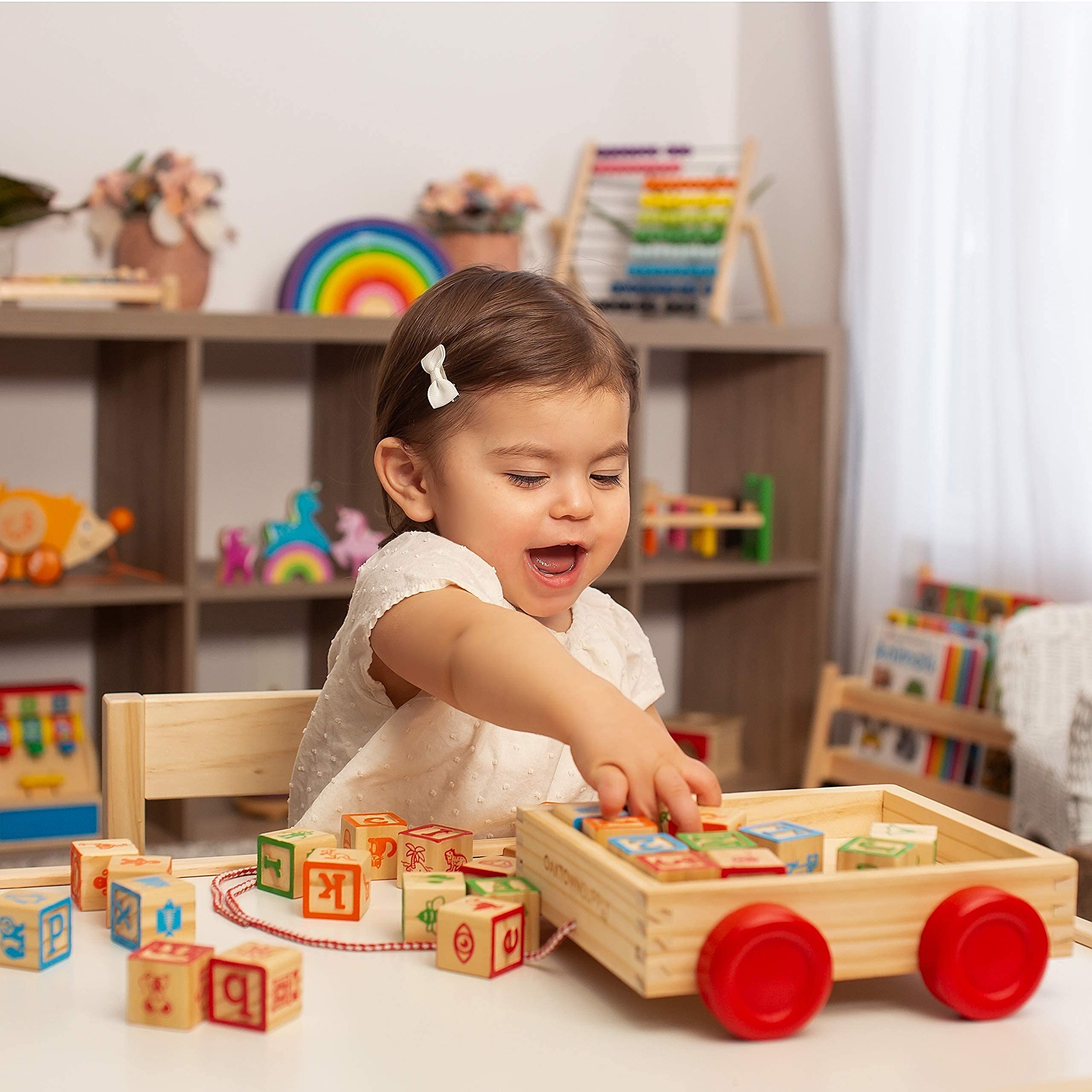Oaktown Supply Building Blocks for Toddlers 1-3 Years Old, 30 Large Stackable Wooden Baby Blocks with Alphabet and Number Icons on Every Side, Toy Wagon Included