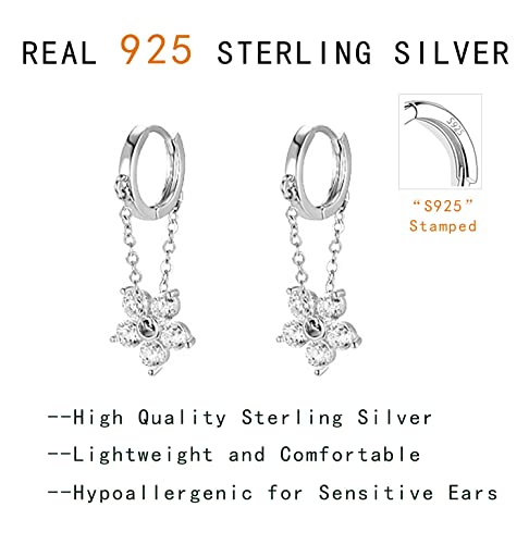 Reffeer 925 Sterling Silver Flower Chain Drop Earrings Hoop for Women Teens Girls Huggie Hoop Dangle Earrings Chain (A-Silver)