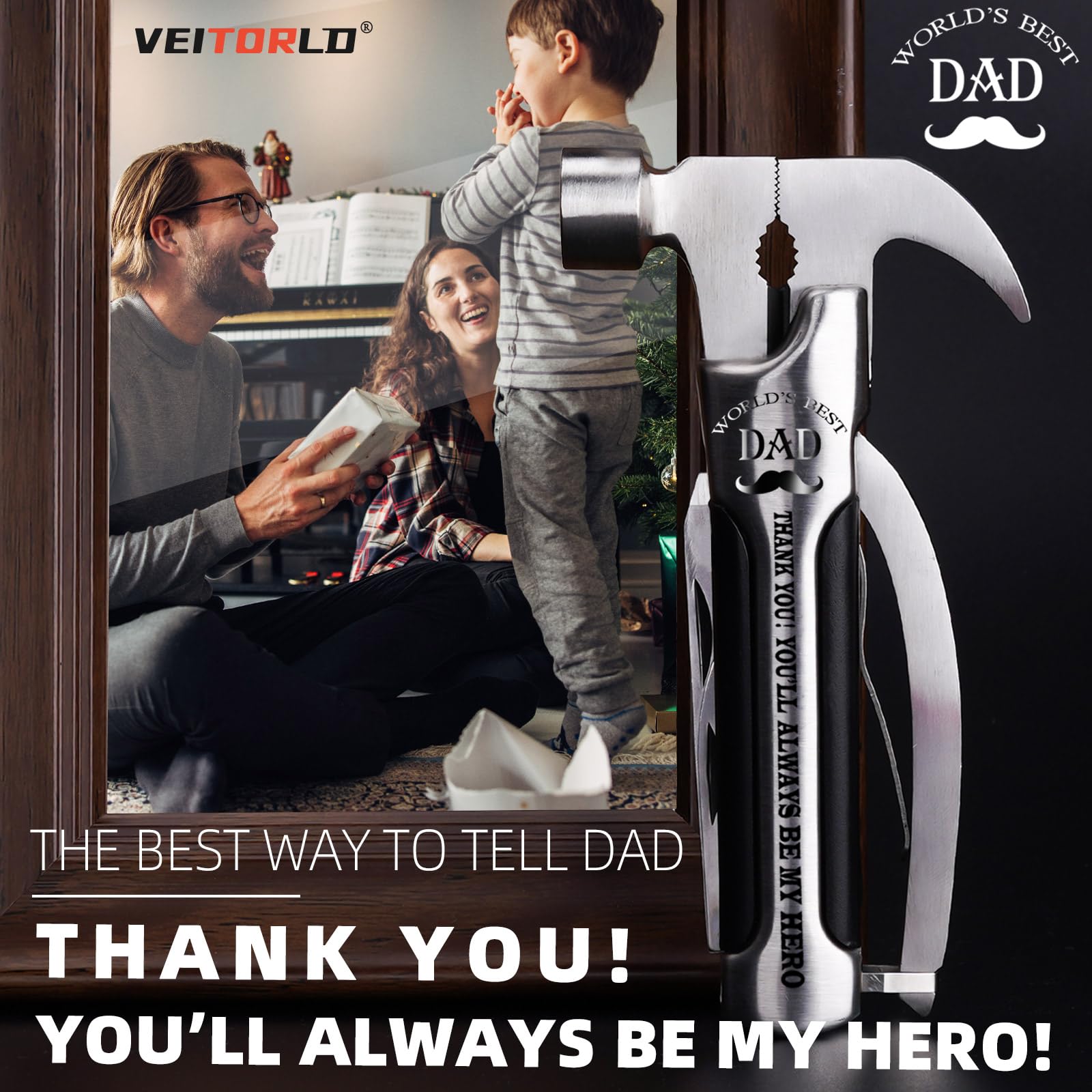 VEITORLD All in One Survival Tools Hammer Multitool with Engraved Wooden Box, Dad Gifts for Christmas, Cool Gifts for Dad Stepdad Who Wants Nothing, Stocking Stuffers for Dad, Personalized Gifts