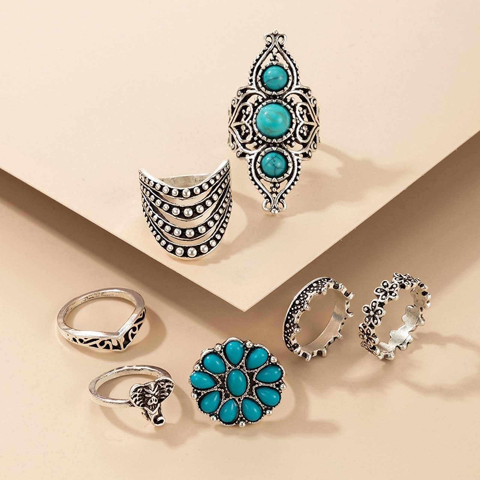 Vintage Turquoise Rings Set Women Western Rings Bohemian Silver Oval Gemstone Rings Boho Joint Knuckle Rings Midi Stacking Rings for Women