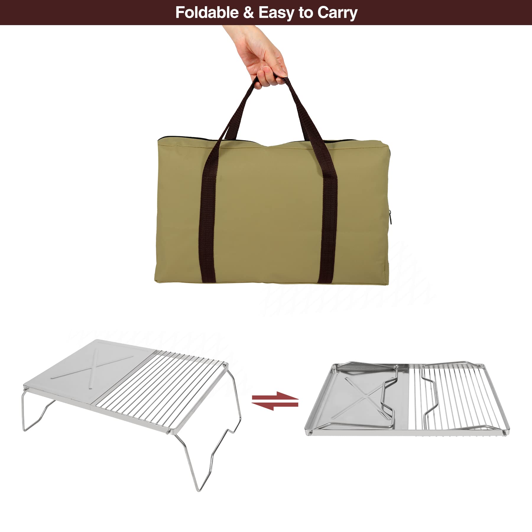 REDCAMP Folding Campfire Grill Grate and Griddle,Stainless Steel Camp Fire Cooking Racks for Outdoor Camping Cooking,16.5x12.5x6.5 Inches