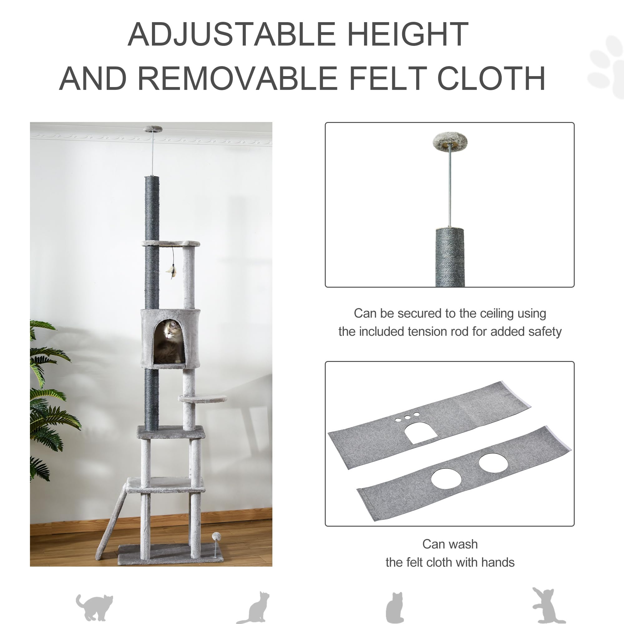 PawHut 100" Cat Climbing Tree Adjustable Kitty Activity Center Floor-to-Ceiling Cat Climber Toy with Scratching Post Play Double Condo Rest Post Pet Furniture Light Grey