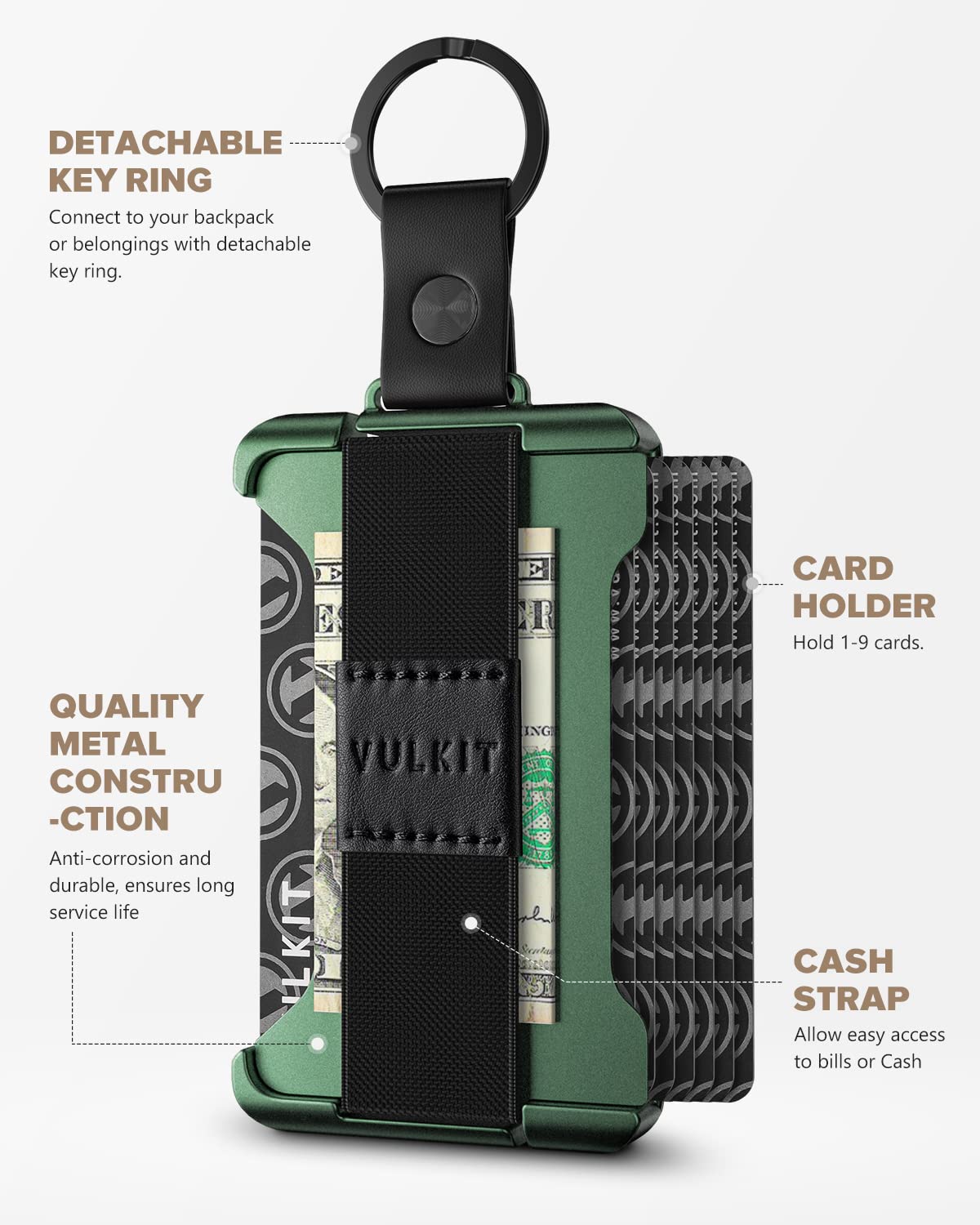VULKIT Slim Minimalist Metal Wallet Credit Card Holder RFID Blocking Ultralight Aluminum Wallets with Elastic Cash Strap