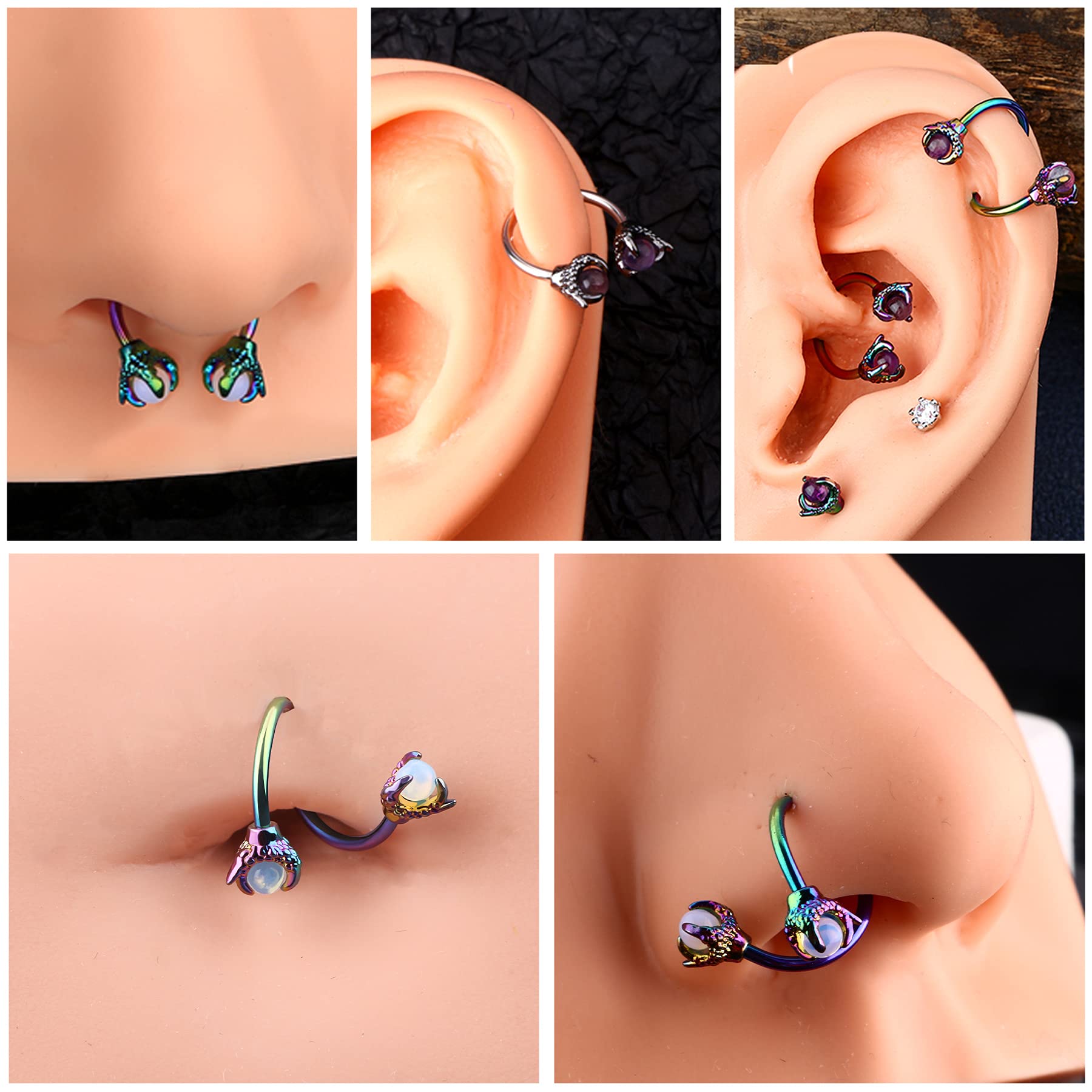 OUFER Twist Helix Earring 316L Stainless Steel Dragon Claw with Opalite Center 16G Twist Lip Labret Cartilage Upper Lobe Piercing Jewelry