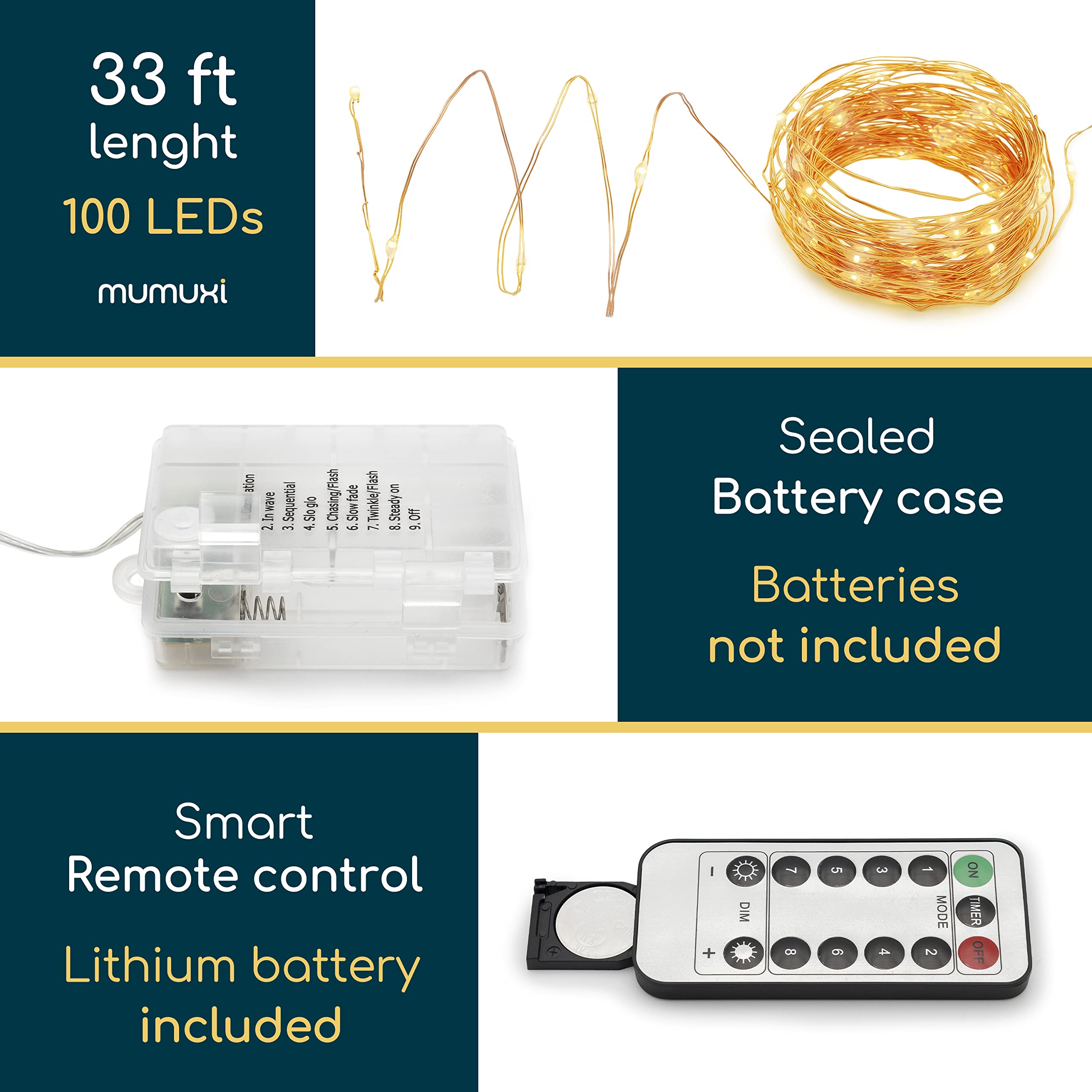 MUMUXI 33ft 100 LED Outdoor Fairy Lights, Timer Battery Operated Twinkle Lights with Remote [2 Pack], Christmas Outdoor String Lights Battery Operated, White Warm Outdoor Twinkle Lights Waterproof