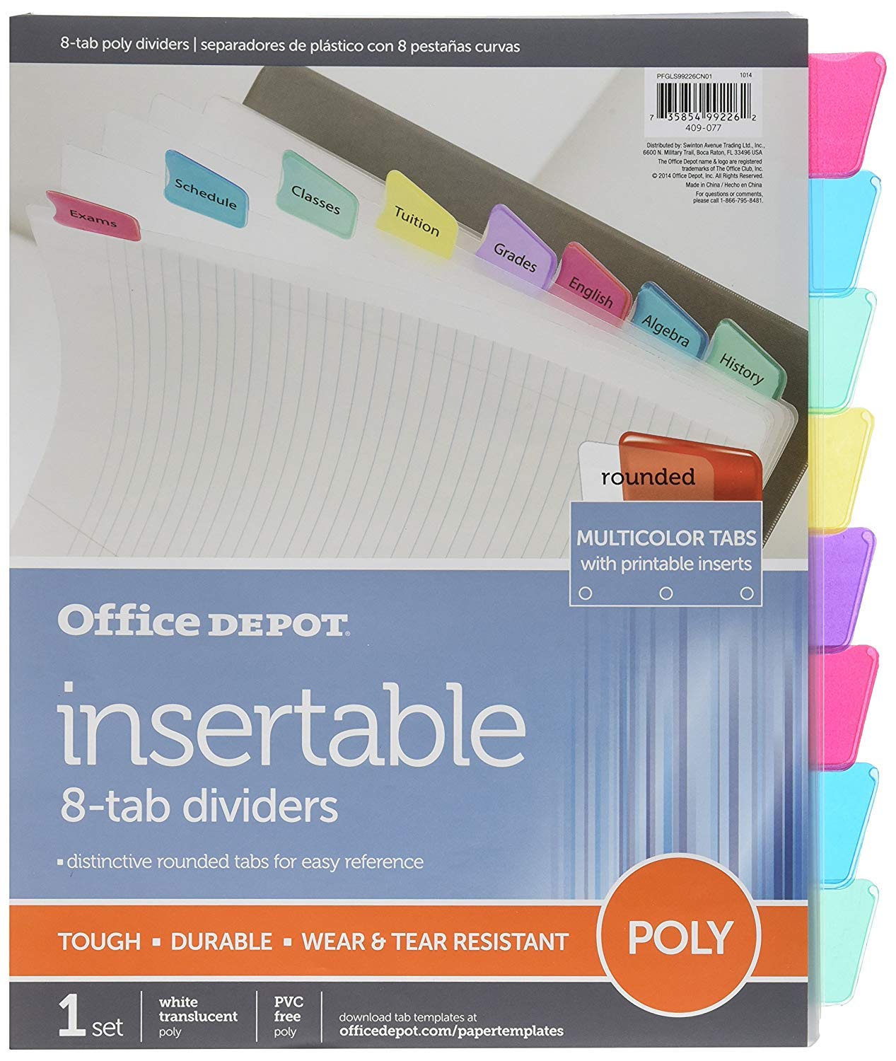 Office Depot® - File Tabs - Plastic Dividers with Insertable Rounded Tabs, Assorted Colors, 8-Tab - Plastic Dividers wit