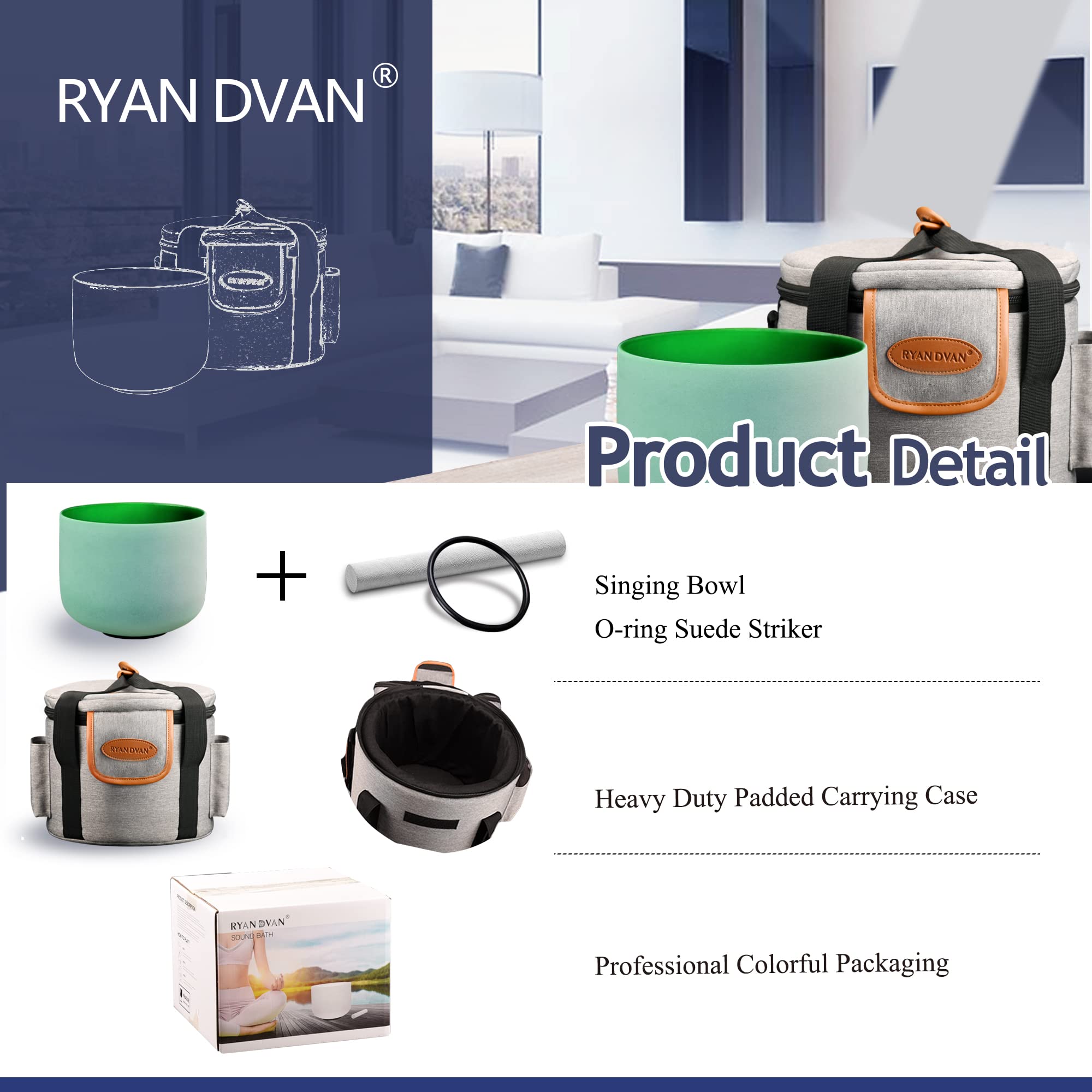 RYAN DVAN 10” F Note Green Frosted Heart Chakra Crystal Singing Bowl with Free Heavy-Duty Carrying Case and Suede Striker O-Ring