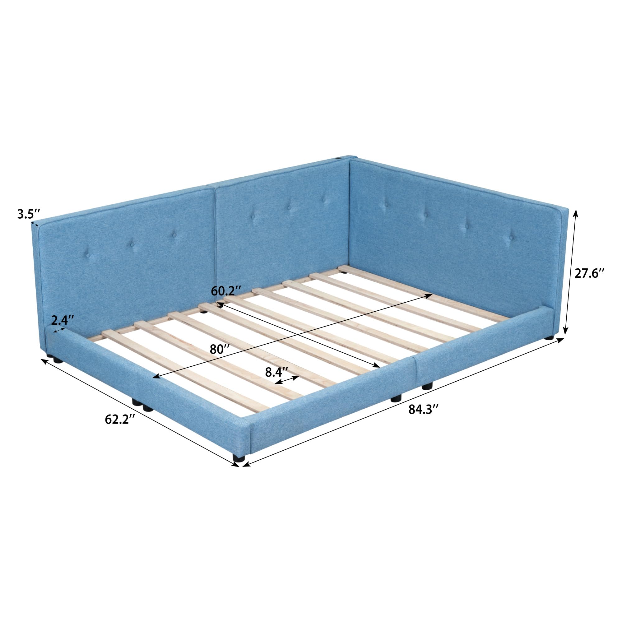 Modern Upholstered Queen Size Platform Bed with USB Ports, Linen Wooden Daybed/Sofa Bed/Low Floor Bed Frame with Backrests for Boys Girls Teens Adults, No Box Spring Needed