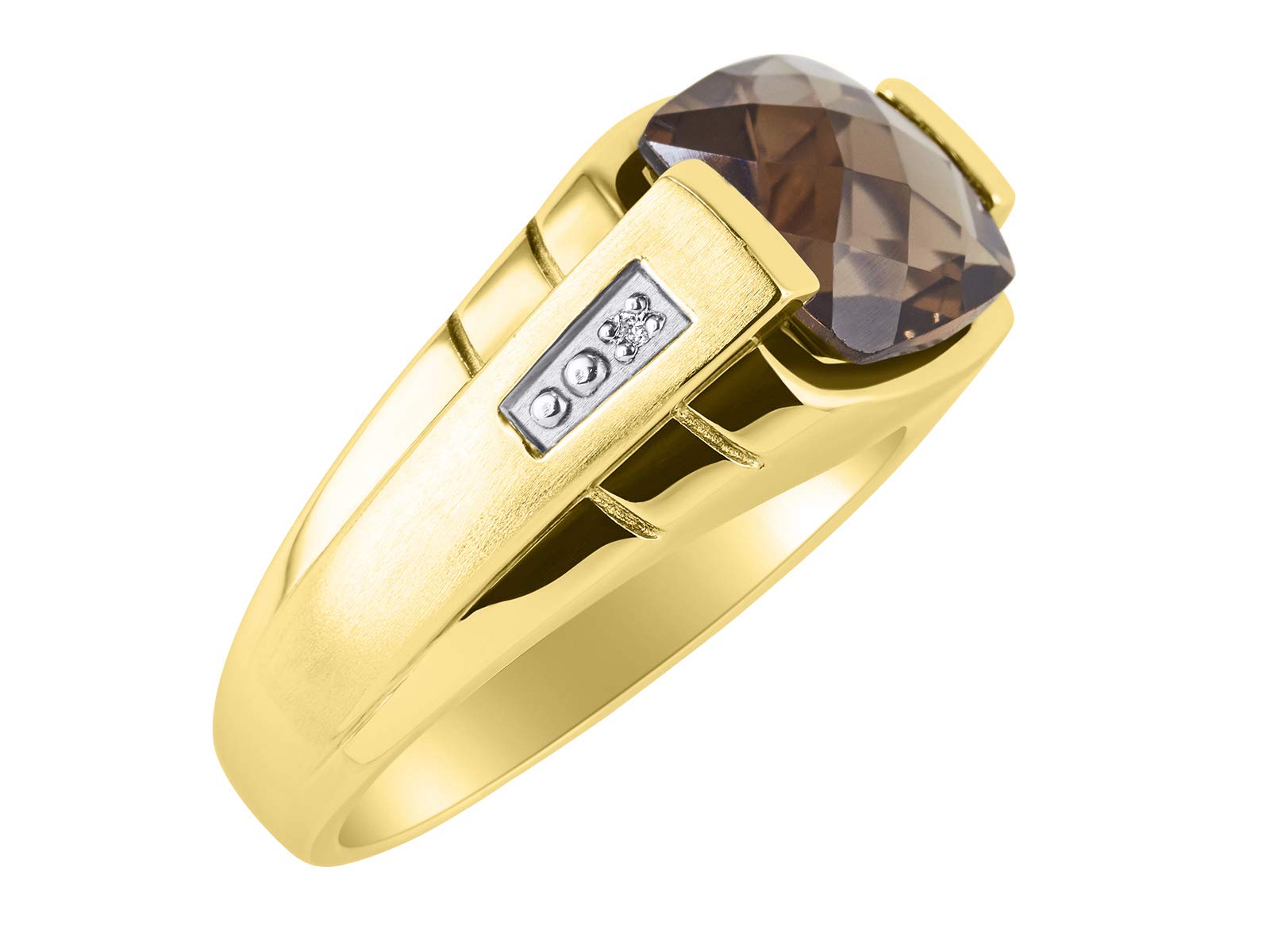 Rylos 12MM Cushion Shape Checker Top Smoky Quartz Color Stone & Diamonds Set in Yellow Gold Plated Silver Size 9