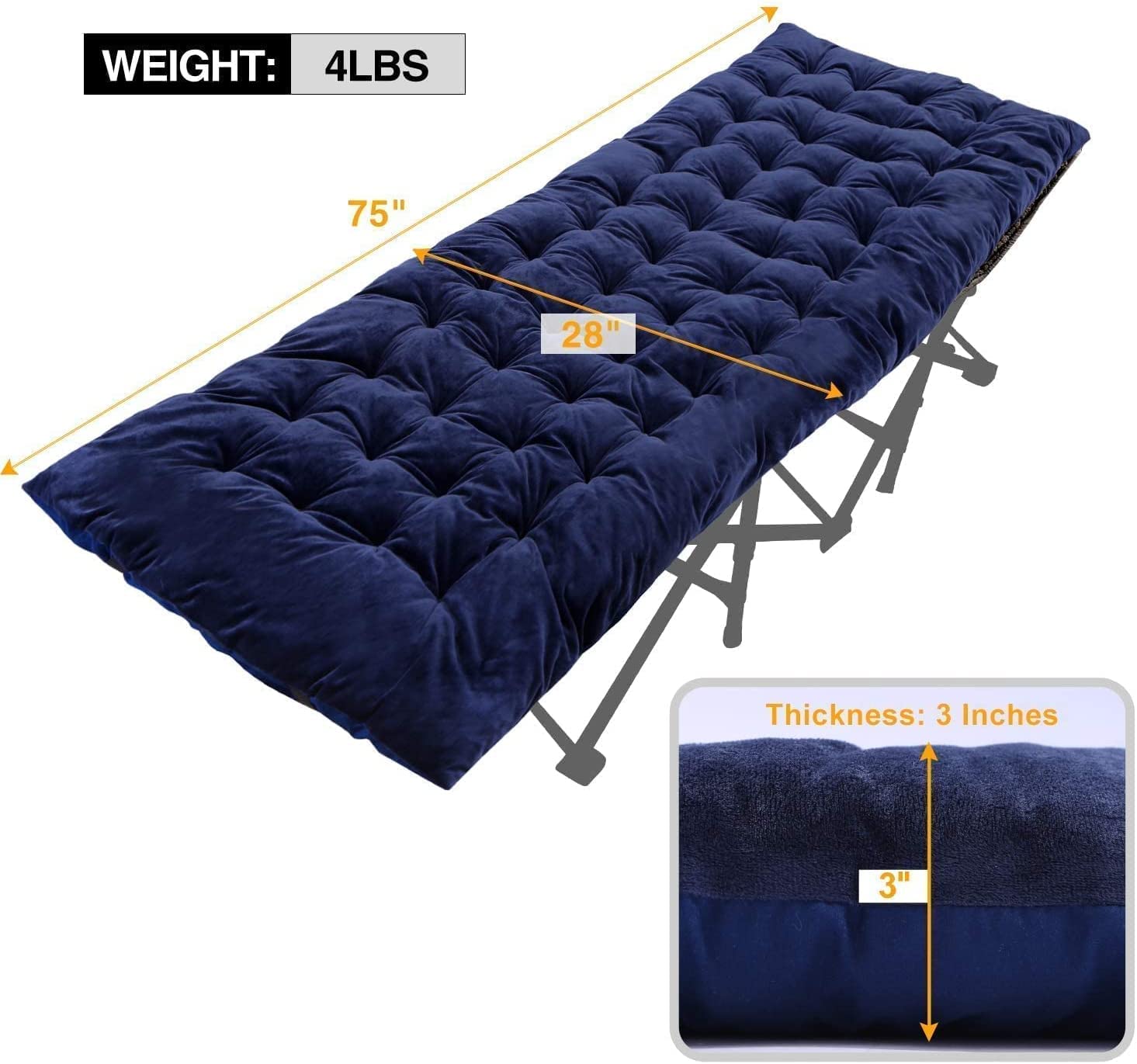 REDCAMP Folding Camping Cot with Thicker Cot Mattress Pad, Adjustable 4-Position Reclining Folding Chaise Lounge Chair with Pillow for Camping, Outdoor Beach Pool