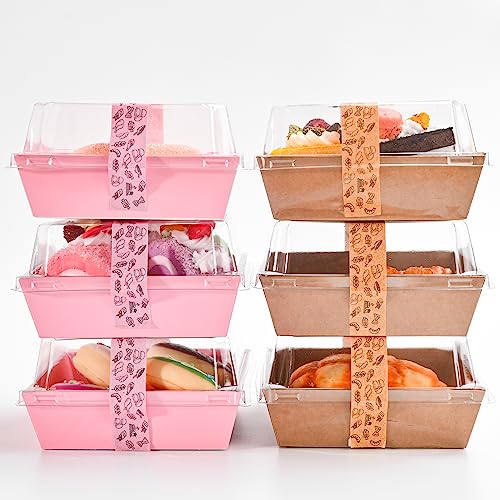 Paper Charcuterie Boxes with Clear Lids and Stickers - 50 SETS 4 Inches Square Disposable Food Containers Bakery Boxes for Bakery, Macaron, Sandwich, Slice Cake, Cookies, Hot Cocoa Bombs, Strawberries (Brown)