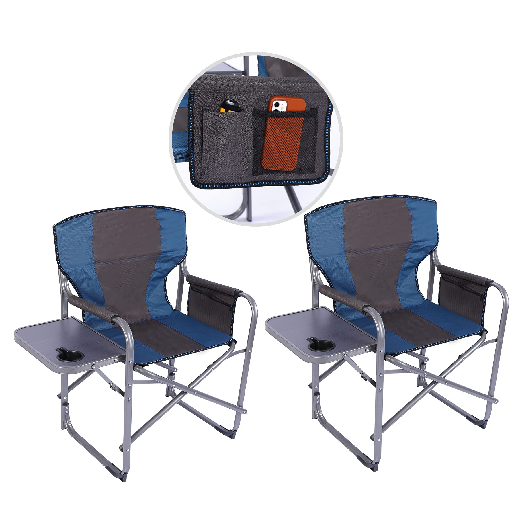 REDCAMP Oversized Folding Camping Chairs with Side Table, Sturdy Comfortable Foldable Director Chairs for Outside Lawn Outdoor Fishing Picnic, Easy to Carry, Blue 2-Pack