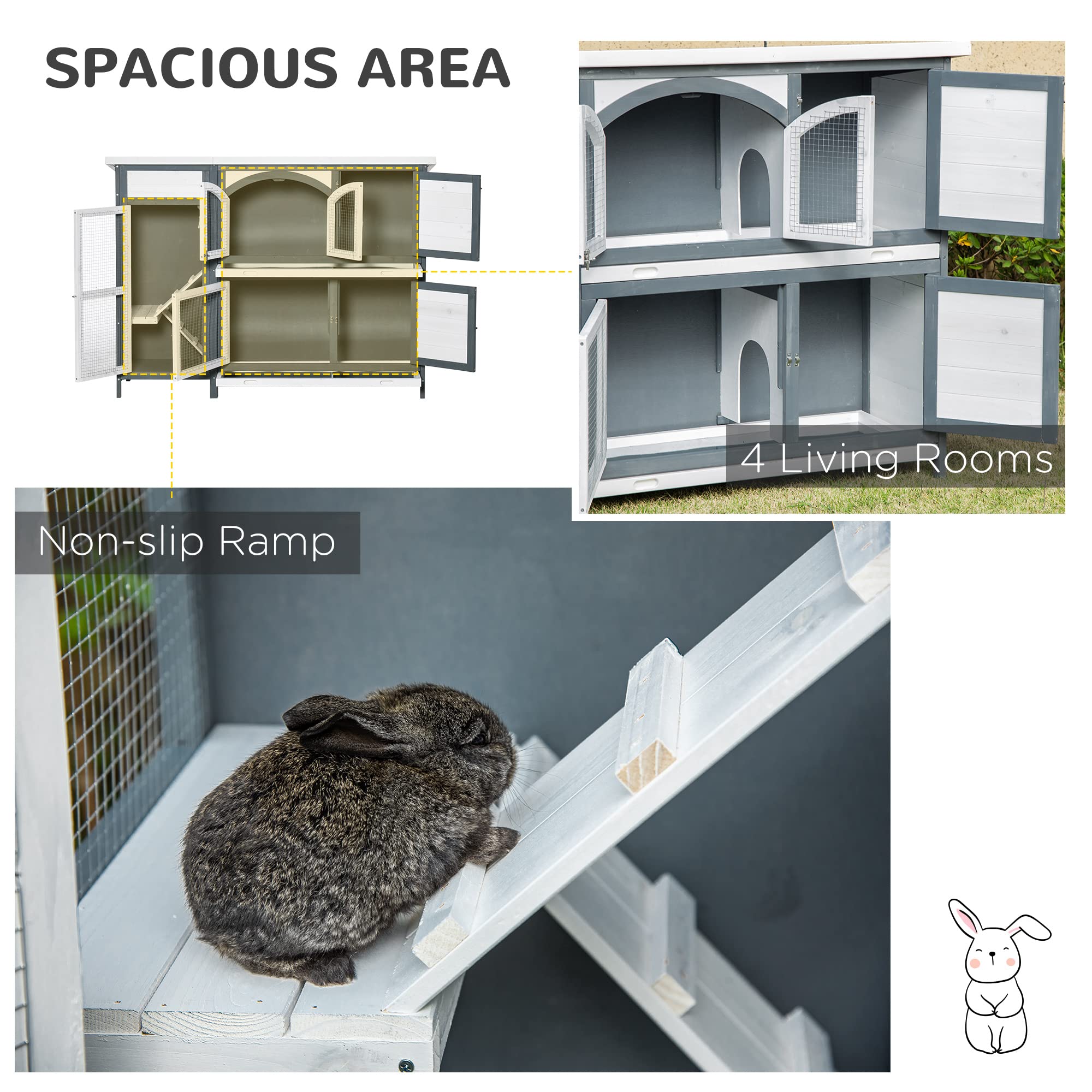 PawHut 57" Cute Rabbit Hutch with Triple Stories, Large Rabbit Cage with Decorative Look, Wood Outdoor or Indoor Rabbit Hutch