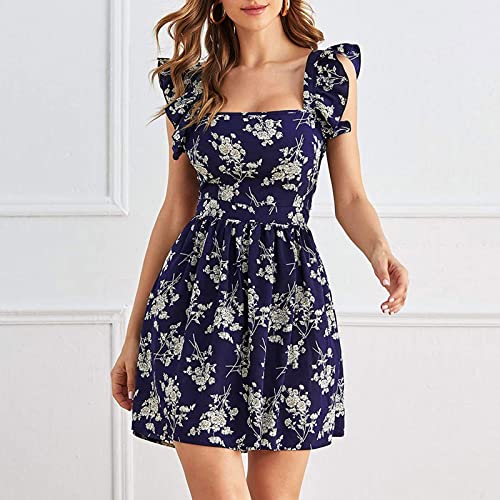 Tulle Women Cute Tie Back Ruffle Dress Strap A Line Fit and Flare Flowy Short Elegant Sleeveless Nightclub Blue