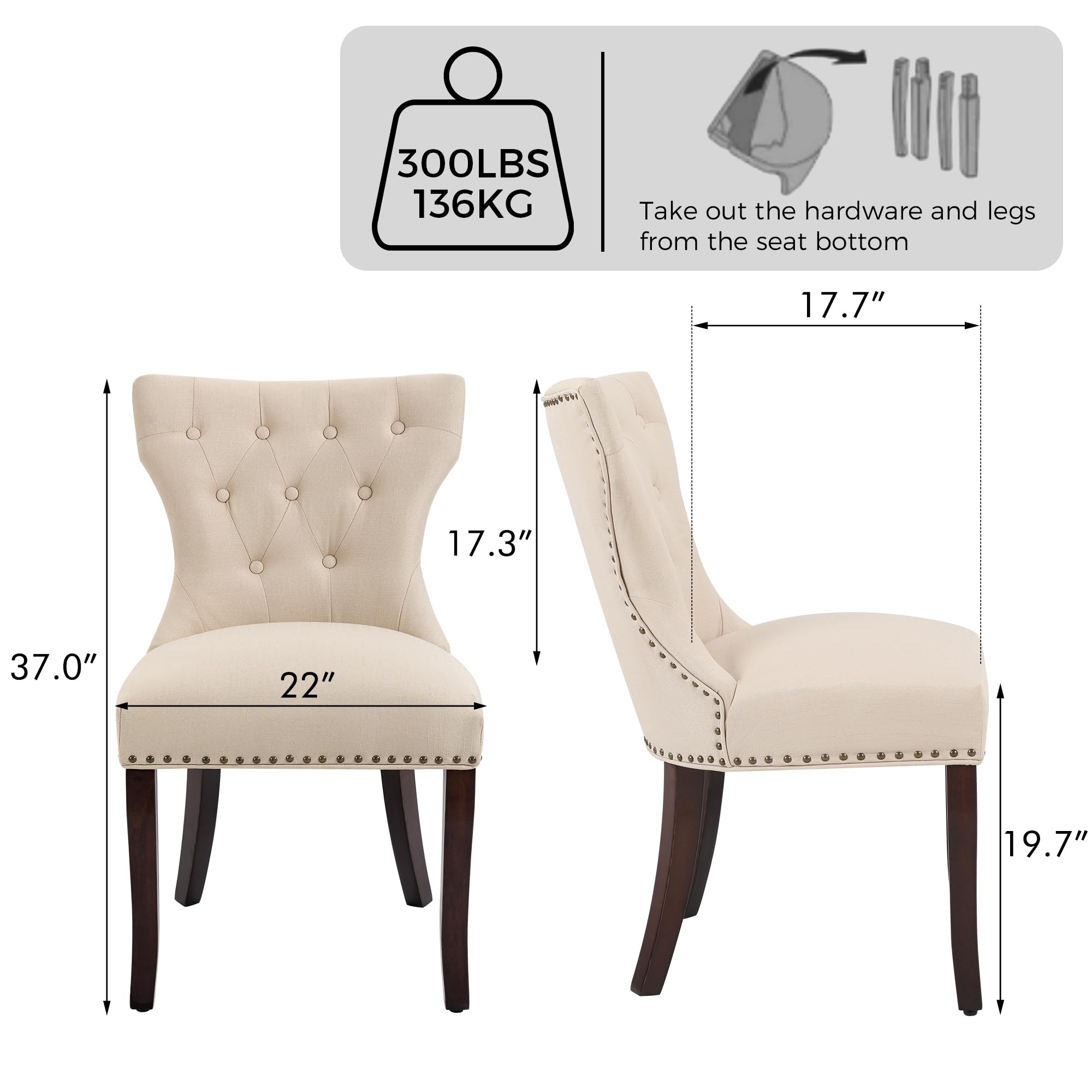 LSSBOUGHT Set of 2 Fabric Dining Chairs Leisure Padded Accent Chairs with Brown Solid Wooden Legs Nailed Trim 300 LBS Weight Capacity, Tan