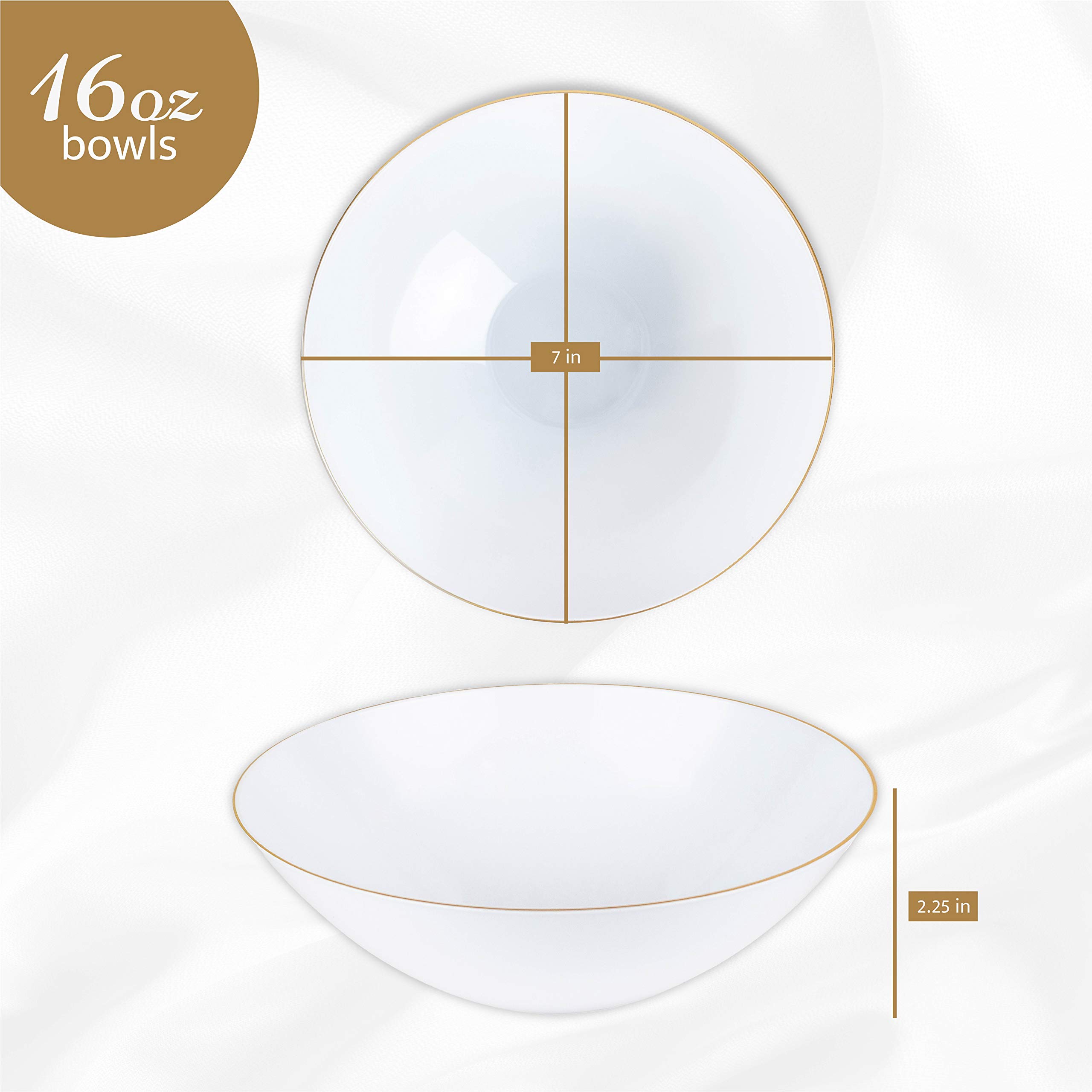 PLASTICPRO [16 OZ 20 Count] White Plastic Floral Design Party Soup bowls With Gold Rim Premium heavyweight Elegant Disposable Tableware Dishes