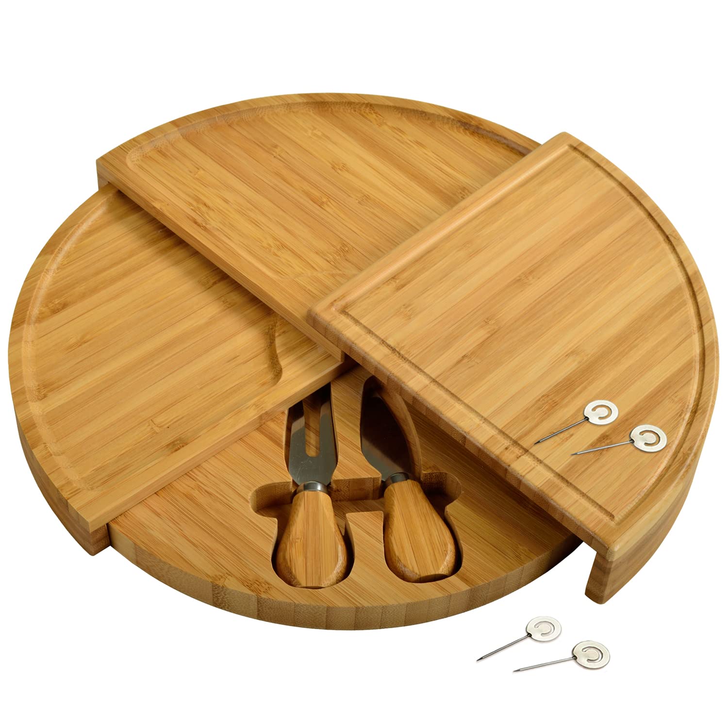Picnic at Ascot Bamboo Cheese/Charcuterie Board with Knives & Cheese Markers- Innovative Patented Design enables All in One Storage
