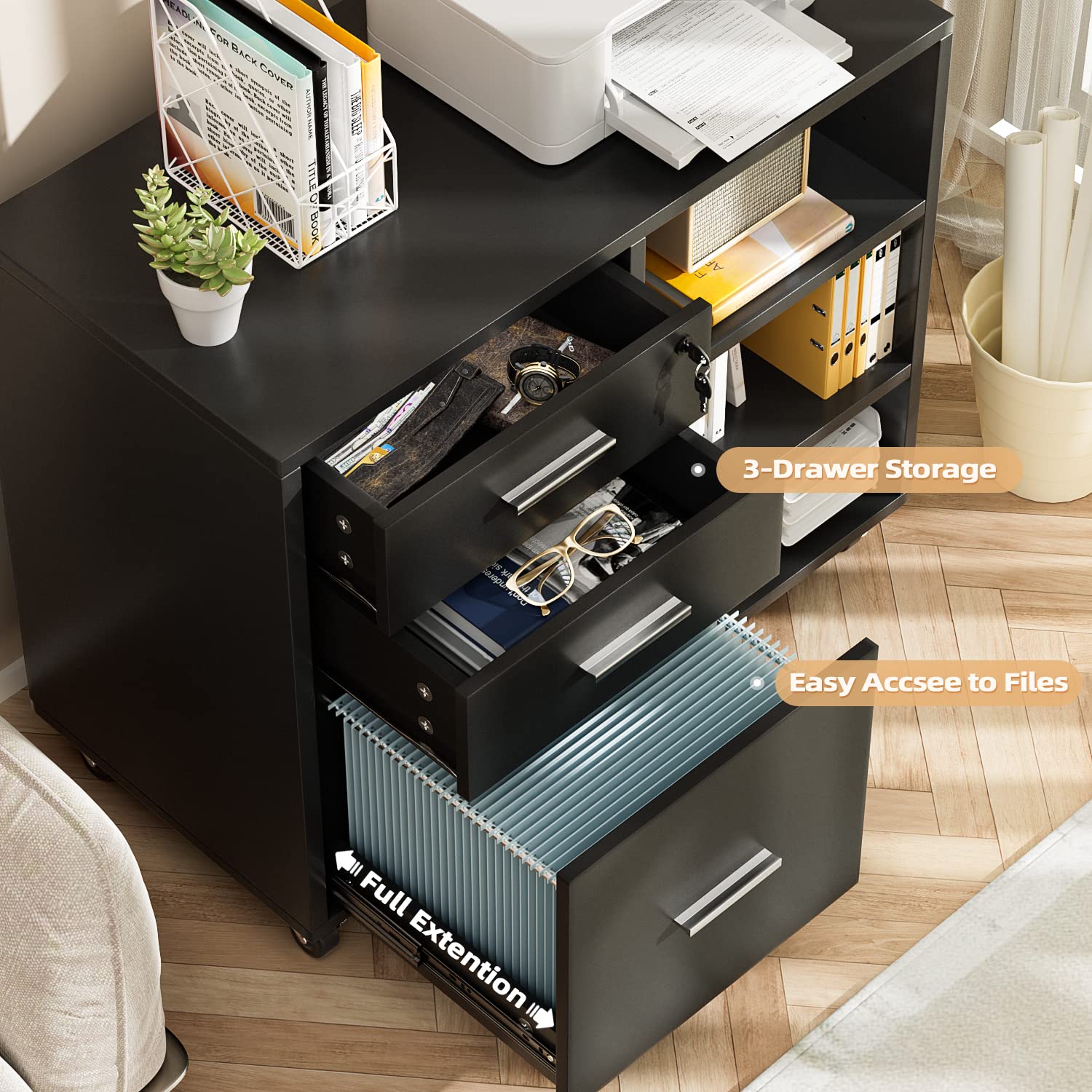 Shahoo 3 Drawer Wood Filing Cabinet, Mobile Lateral Printer Adjustable Open Storage Shelf, Lockable Wheels for Home Office, 15.7"D x 31.8"W x 26.3"H, Dark Black
