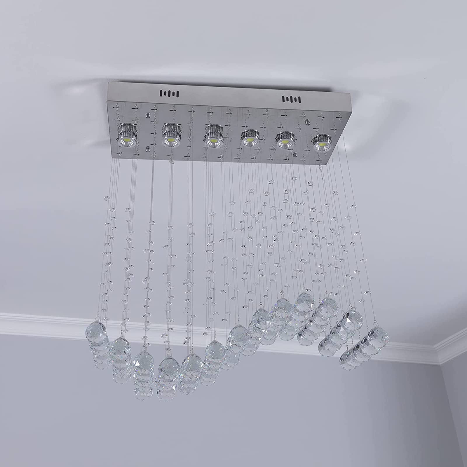 Modern Wave Chandelier, Rectangular Crystal Raindrop Chandelier Flush Mount Pendant Lighting Chrome Ceiling Light Fixture for Dining, Living Room, Kitchen Island, Bedroom of CRYSTOP
