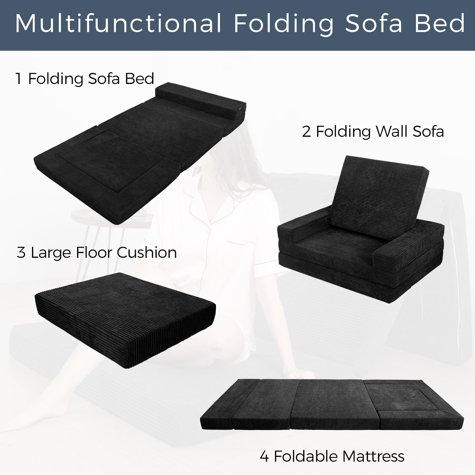 MAXYOYO Folding Sofa Bed, Portable Chair Bed Floor Mattress, Foldable Sleeper Sofa Floor Couch Futon Mattress for Guest Room, Camping, Road Trip, Black, Twin, 83x38 Inch