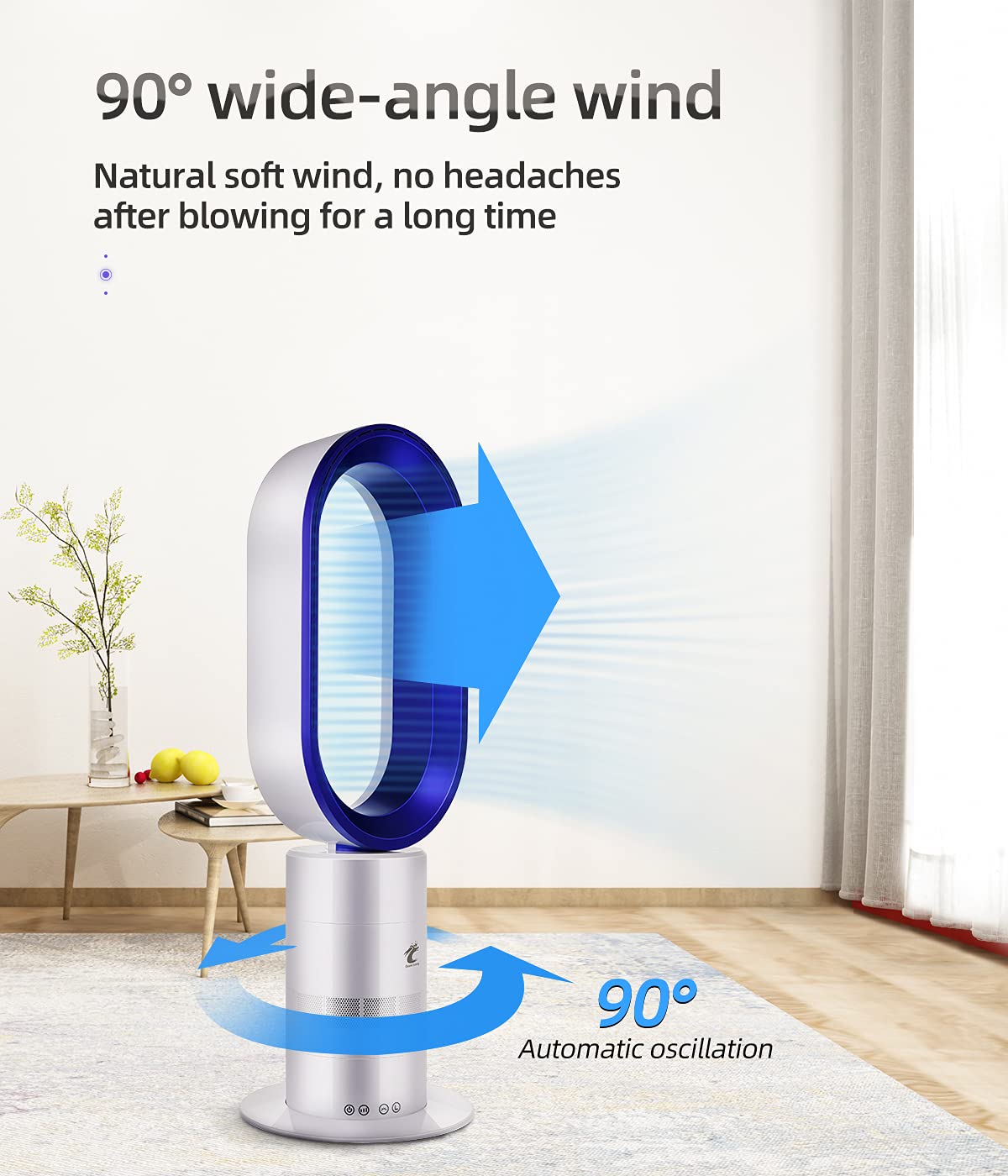 Ocean Loong AB01 Bladeless Tower Fan, 26 Inches 9 Speeds & 9H Timer Table Fan, White Air Circulator Fan for Bedroom Office