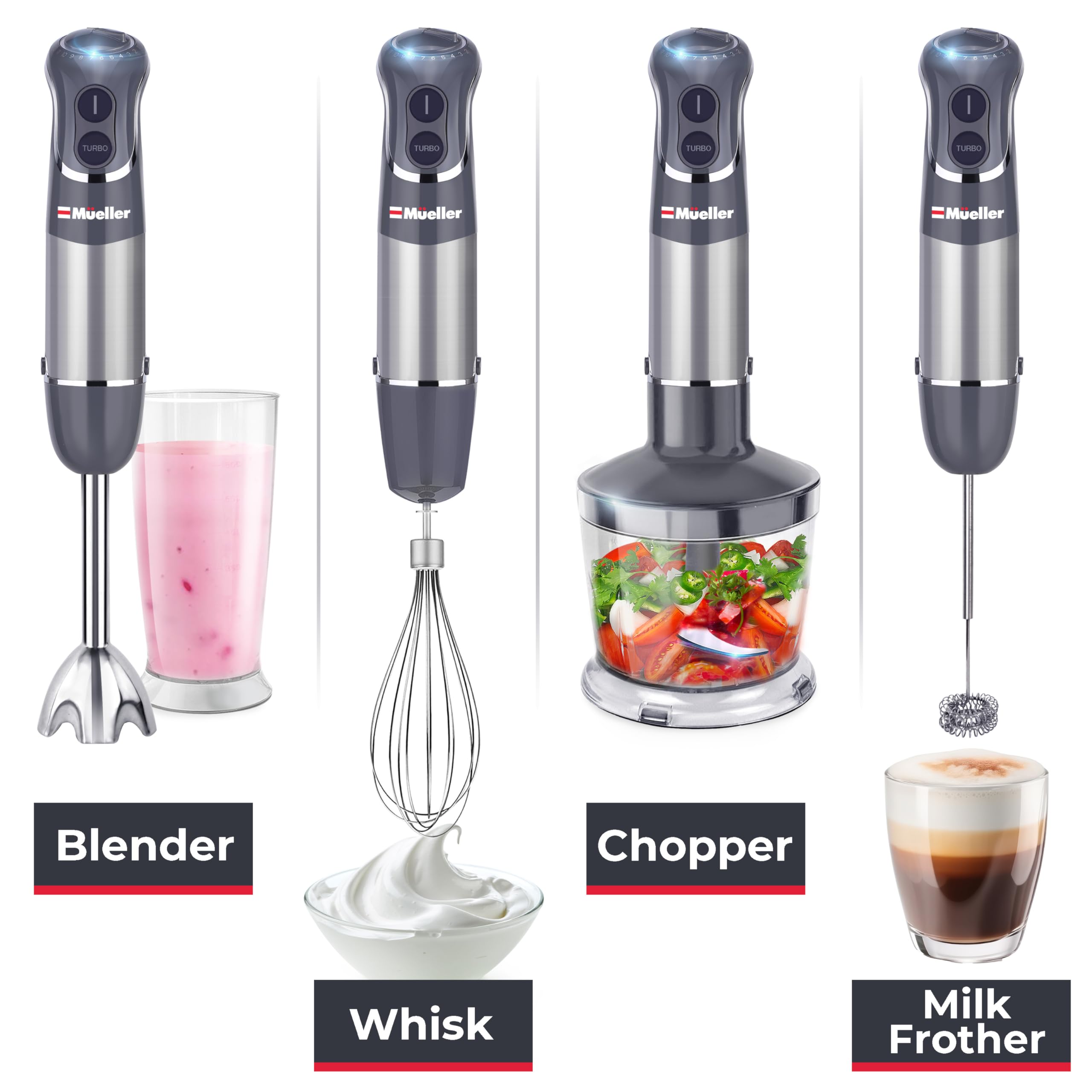 Mueller Pro Series Hand Blender, 500W Immersion Blender, Heavy-Duty Titanium Steel Blades, Stepless Speed Control, Detachable Shaft, Ergonomic Handle, White