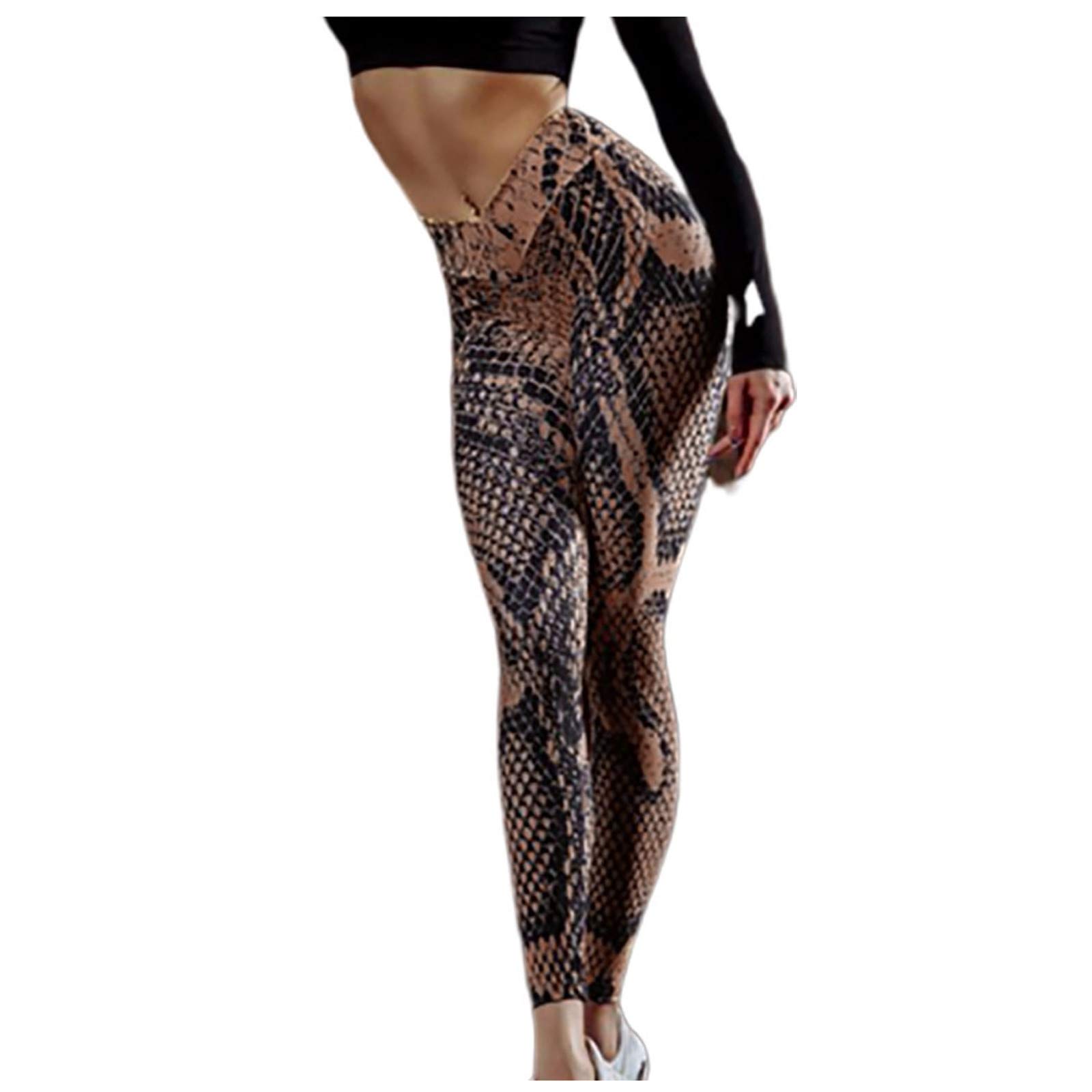 Slim Snakeskin Printed Leggings for Women Tummy Control Butt Lift Squat-Proof Yoga Joggers Workout Running Tights Brown