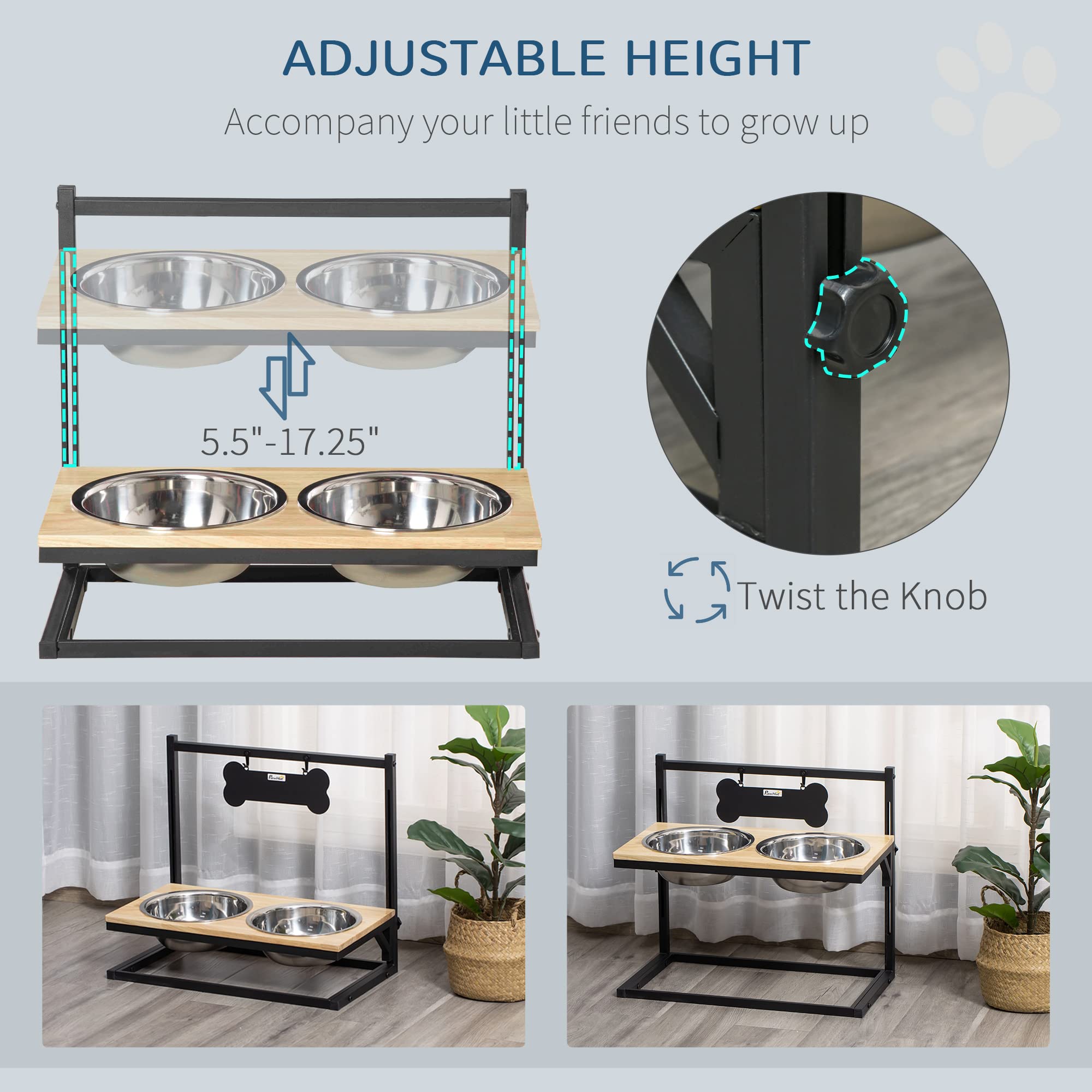 PawHut Elevated Dog Bowls Feeder with Stainless Steel Set, Twin Raised Adjustable Pet Food Platform for Medium, Large Dogs, Natural