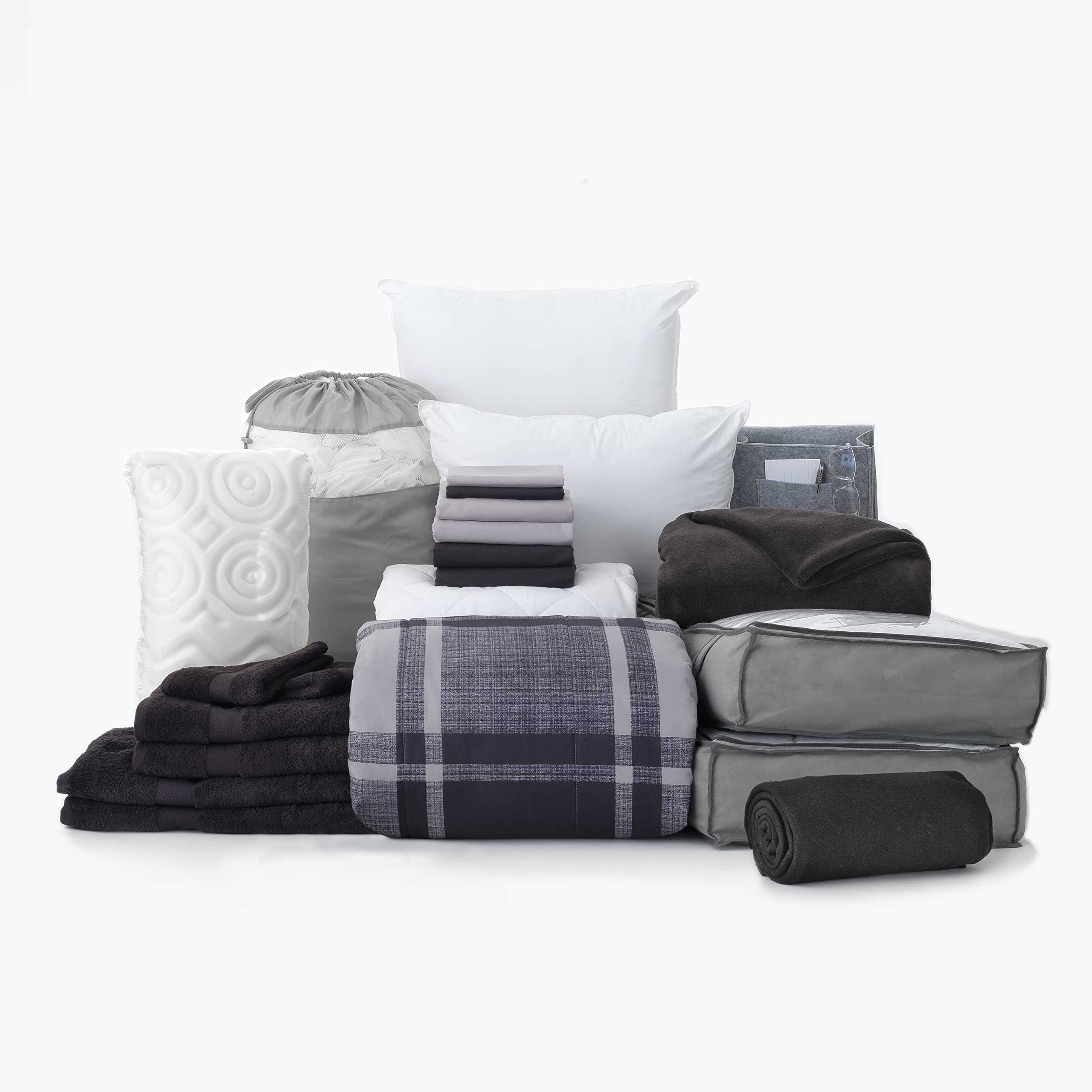 OCM College Dorm Room 23-Piece Preferred Dorm Essentials Value Pack | Twin XL | Comforter, Sheets, Pad, Topper, Towels, Organization, Storage | Wonderland Gray | Oversized Plaid in Black & Gray