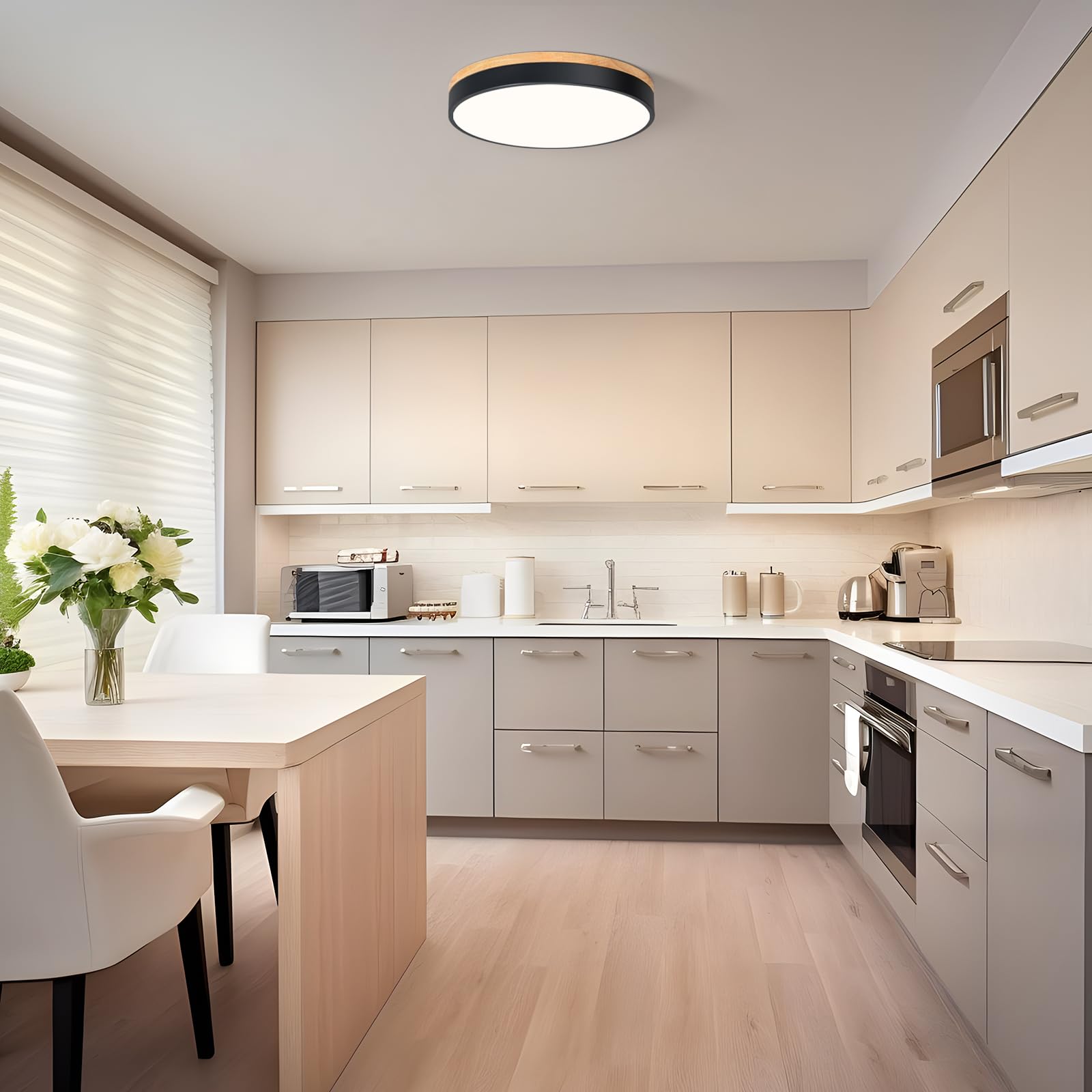 Modern Wood Flush Mount Ceiling Light, White LED Kitchen Light Fixture, Round Ceiling Lamp for Bedroom,Foyer, Hallway, Laundry,Living Room