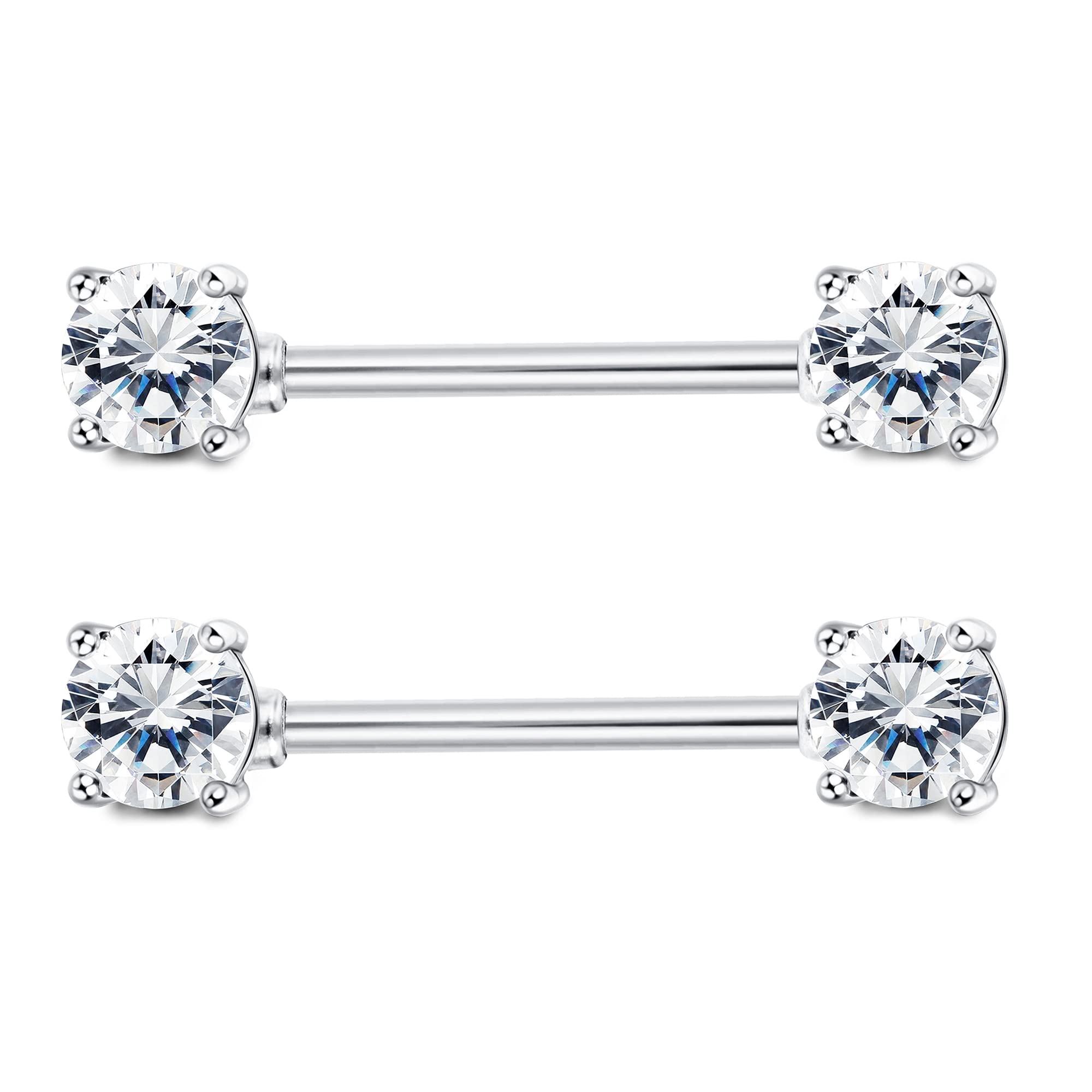 Sllaiss 2PCS Sterling Silver Nipple Rings for Women 16G CZ Straight Tongue Rings Barbells Nipple Piercing Jewelry