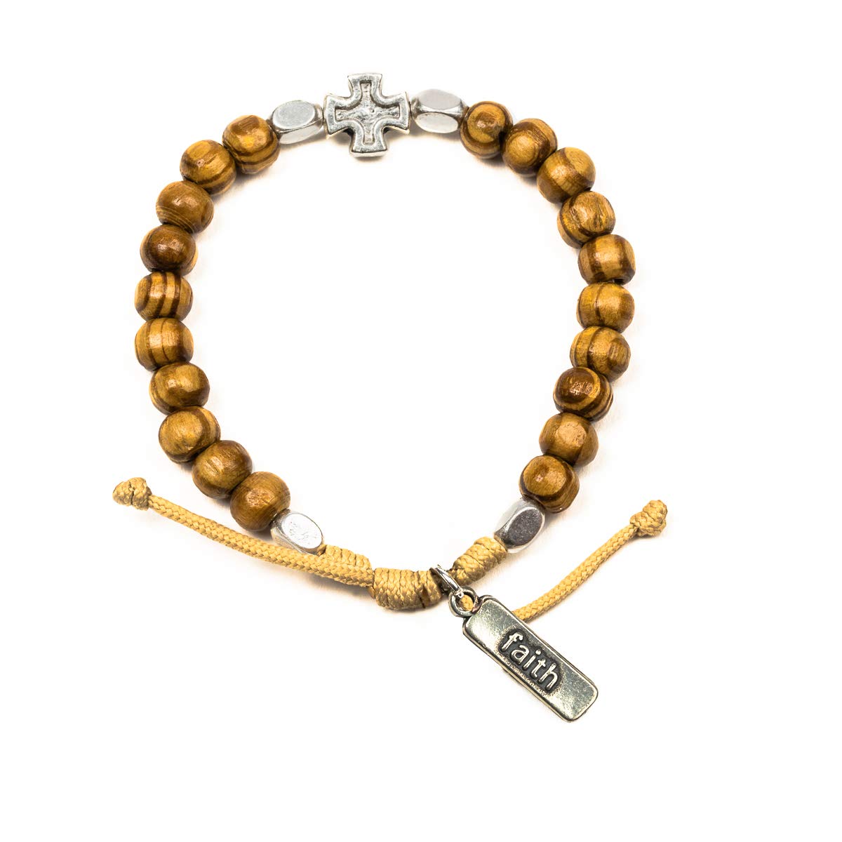 My Saint My Hero Rooted in Faith Bracelet - handwoven with olive wood beads, silver plated cross at the center and "faith" tag at the back