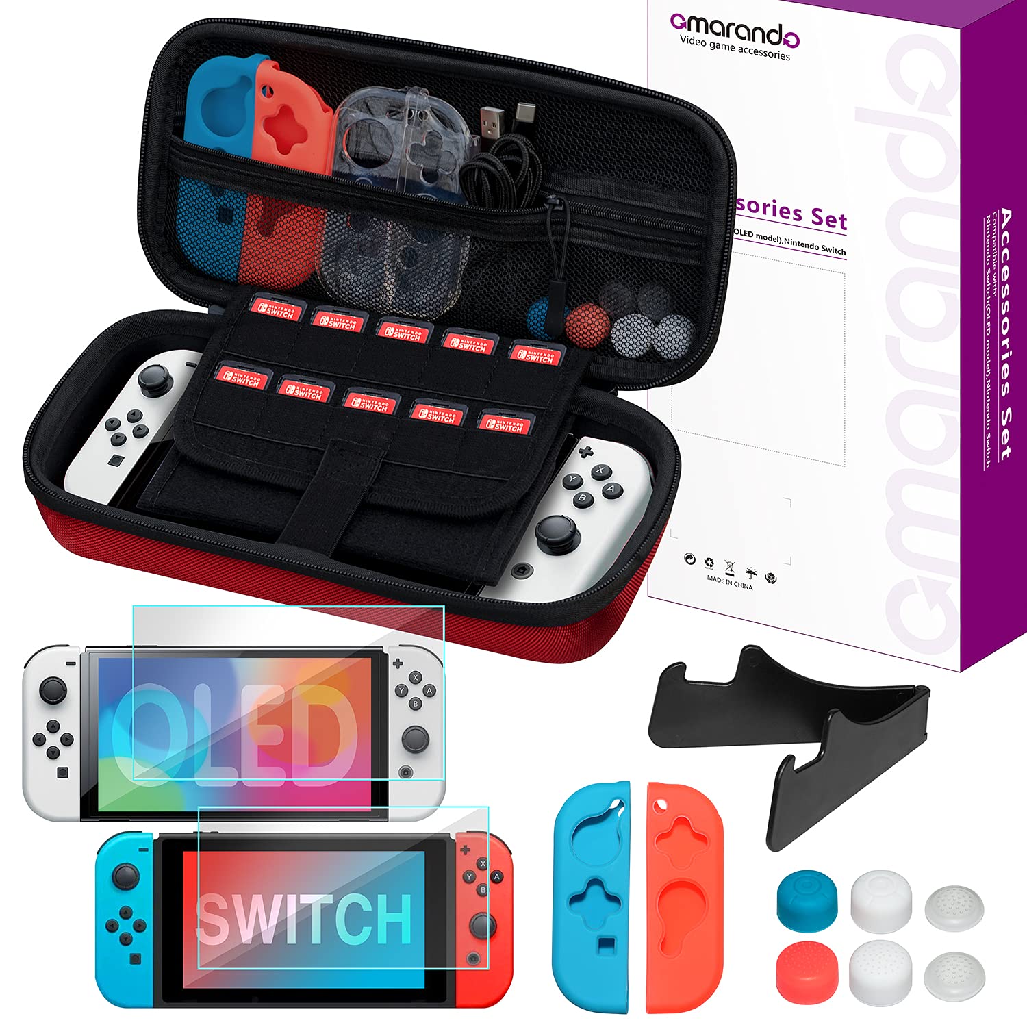 omrando Hard Carrying Case Compatible with Nintendo Switch (OLED model) and Nintendo Switch,with Playing Stand, Tempered Film for Switch and OLED,Switch Accessories (Black-Red)