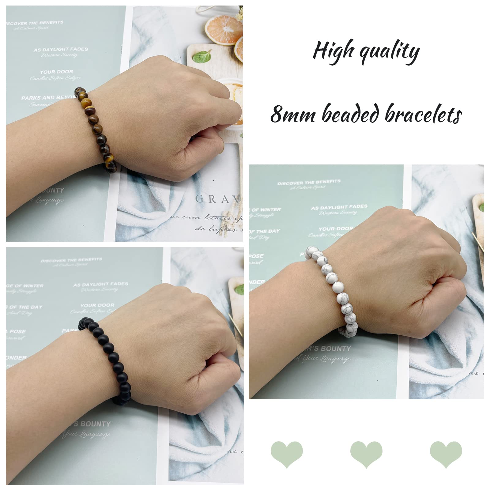SROBENZ 14 Pcs 8mm Gemstone Crystal Beaded Bracelets for Men Women Stone Healing Bead Semi-Precious Stretch Round Bead Bracelets Unisex