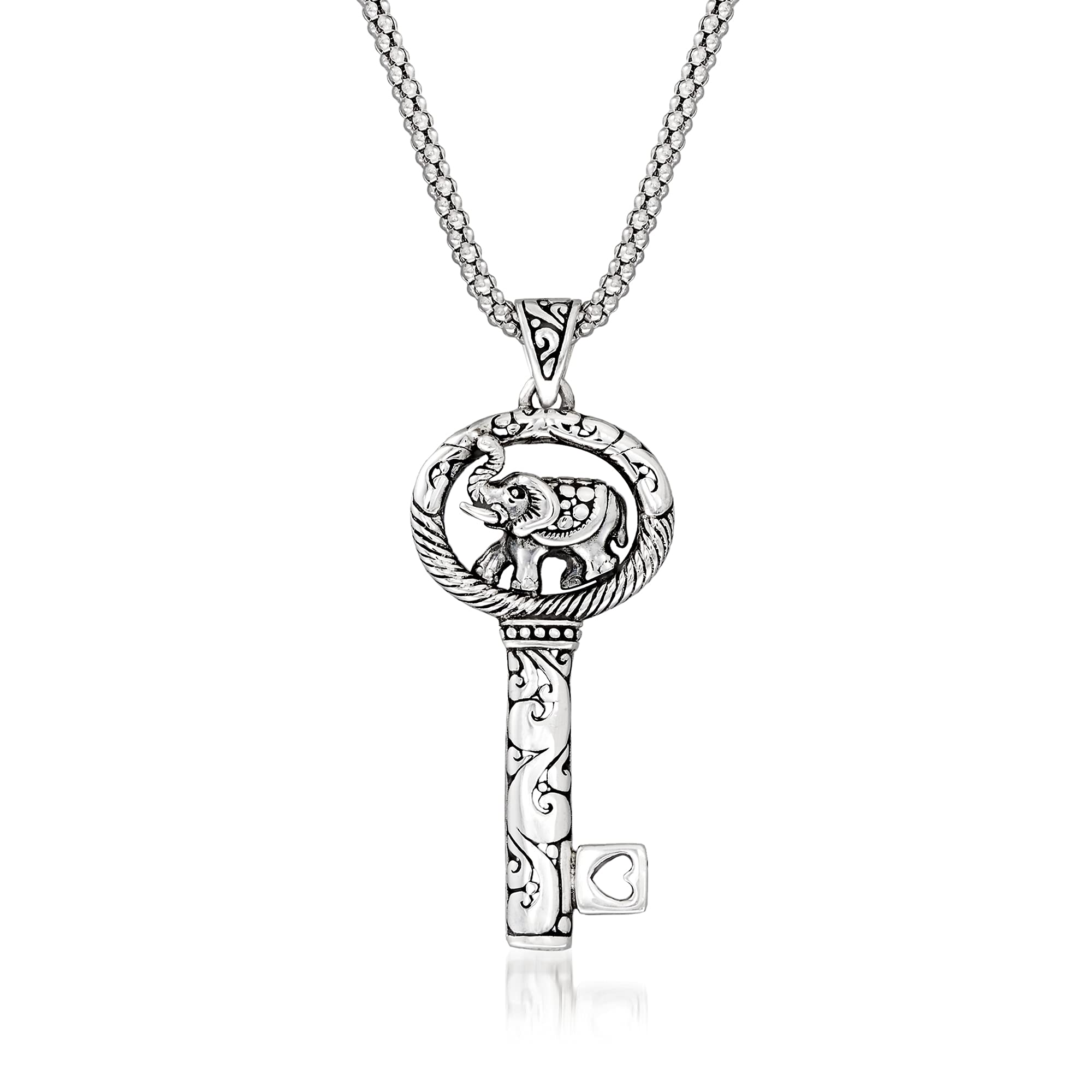 Ross-Simons Sterling Silver Bali-Style Elephant and Key Pendant Necklace. 18 inches