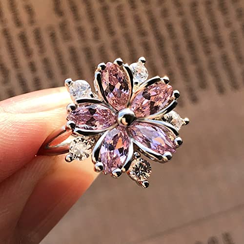 Silver Plated Big Pink Crystal Cubic Zirconia Flower Rings Large Floral Finger Ring for Women Lady Gift Size 10, Pink,Silver