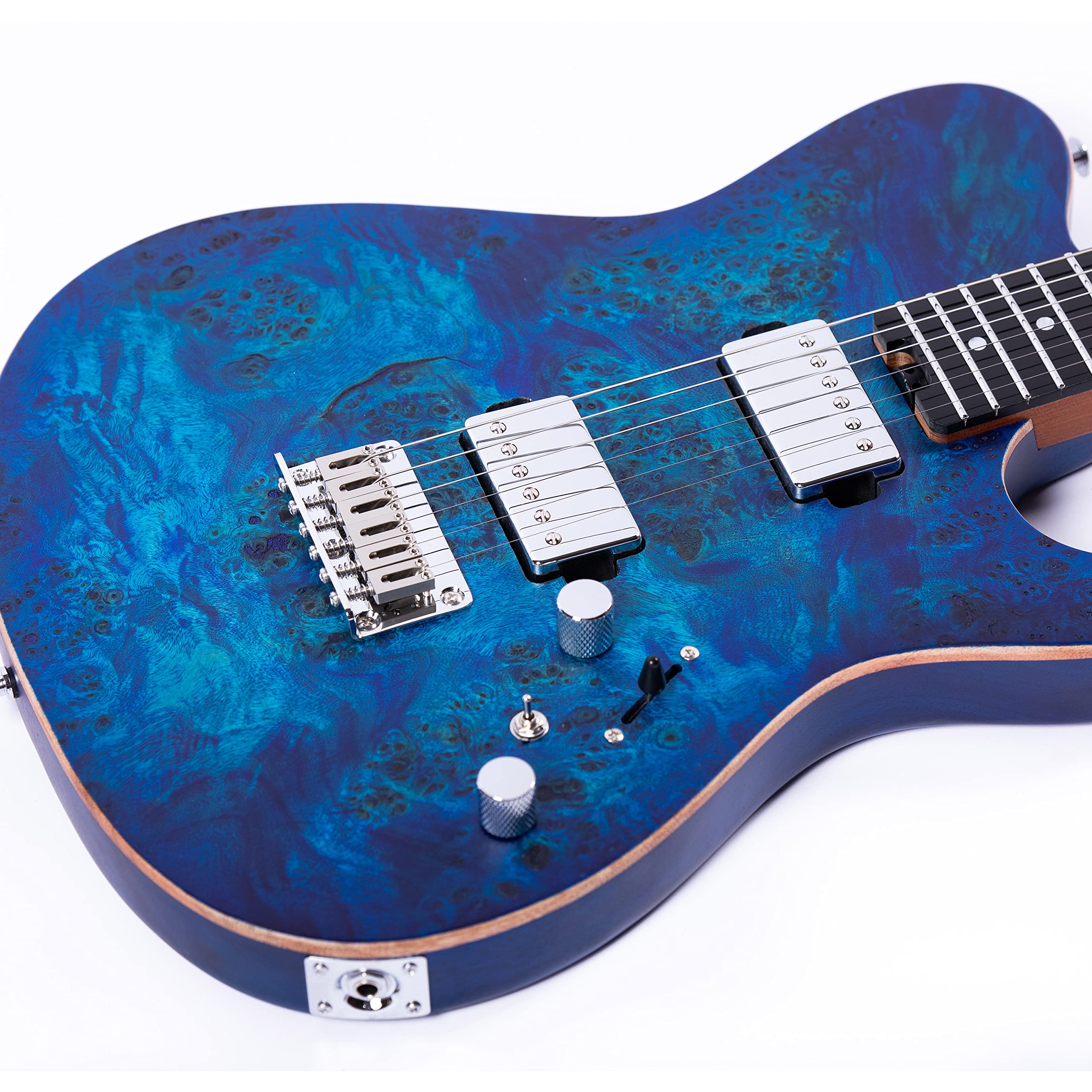 Volgoa VTL-2 Solid Body 6 String Electric Guitar, Roasted Maple Neck, Mahogany Body, Matte Burl Figure Veneer, and Coil Splitting Pickup (Blue)