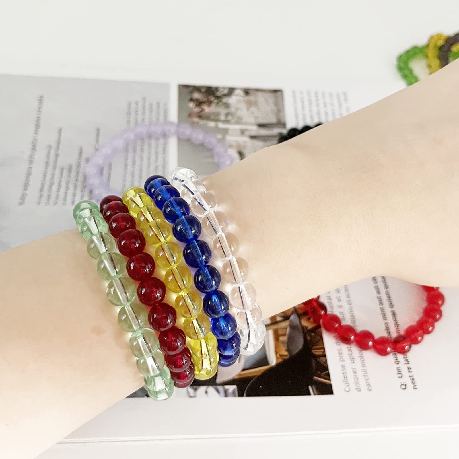 SROBENZ 15 PCS Crystal 8mm Round Beaded Bracelet Set Healing Glass Stretch Bracelets for Women Men Round Beads Elastic Bracelets