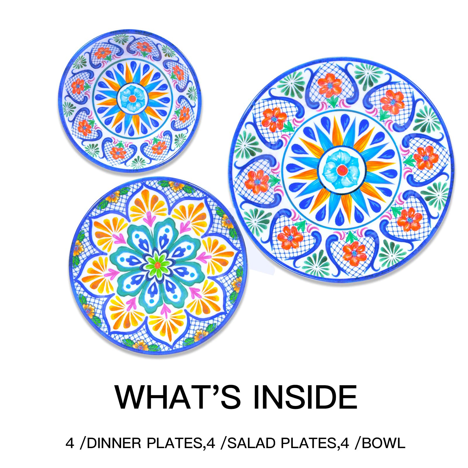 Melamine Dinnerware sets: Bisphenol A-free,Dishwasher Safe dinnerware sets,Non-breakable melamine plates,Service for 4 (12pcs) plates and bowls sets Ideal for indoors and outdoors Picnic, Camping.
