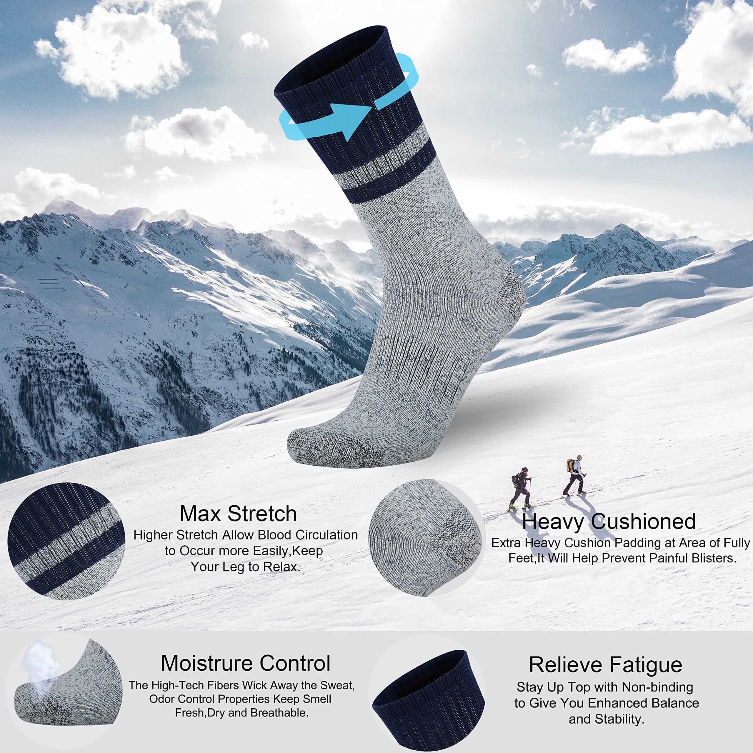 Ortis Merino Wool Cushion Crew Socks for Men Outdoor Hiking Hike Moisture Wicking Heavyweight Thick Warm Steel Toe Work Boots(Navy Blue L)