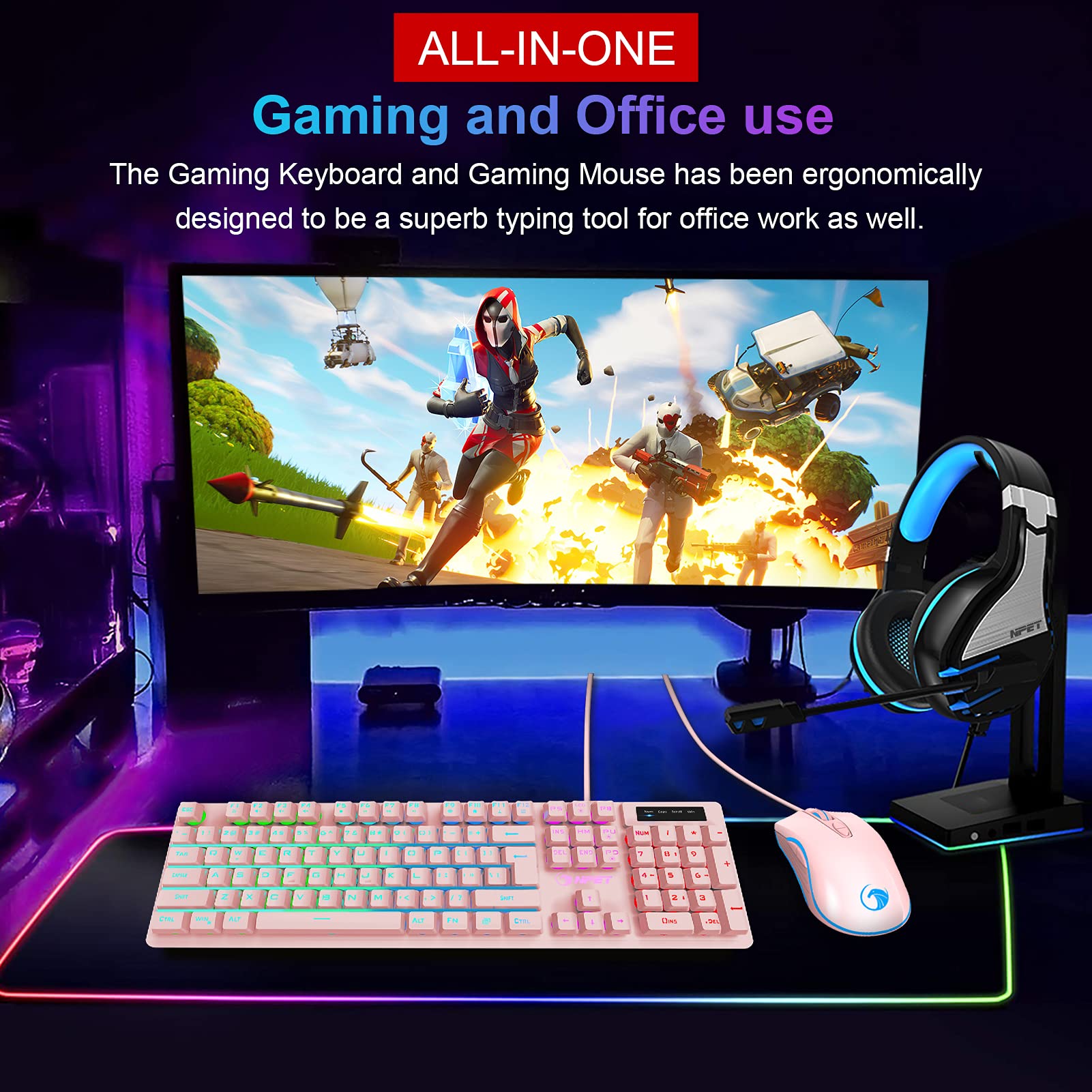 NPET S20 Wired Gaming Keyboard Mouse Combo, LED Backlit Quiet Ergonomic Mechanical Feeling Keyboard, Gaming Mouse 6400 DPI, for Desktop, Computer, PC, Pink