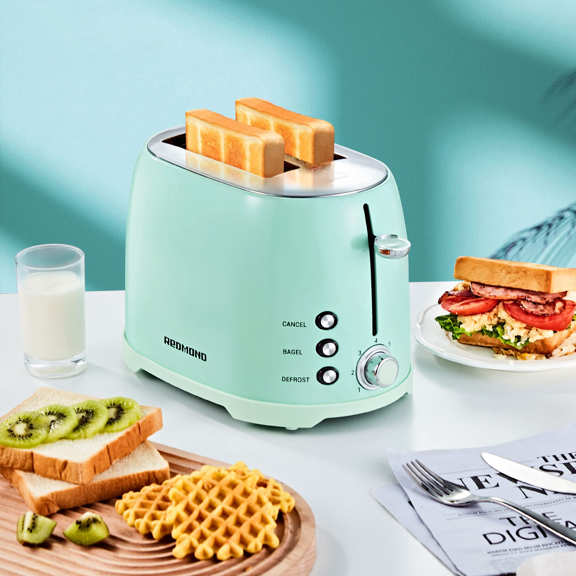 REDMOND Toaster 2 Slice, Retro Orange Stainless Steel Compact Bagel Toaster with 1.5β Extra Wide Slots, 7 Bread Shade Settings for Breakfast, 800W Tangerine