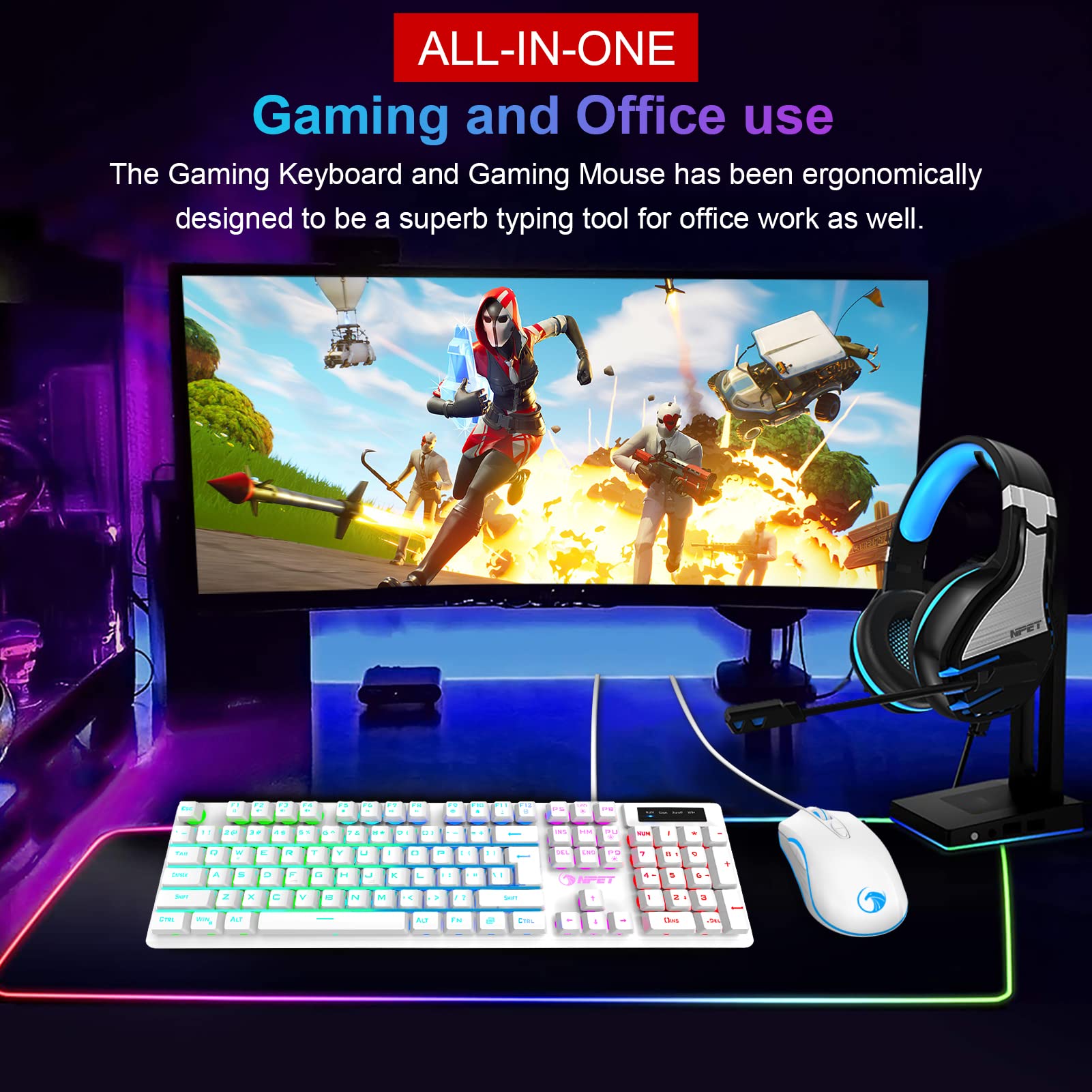 NPET S20 Wired Gaming Keyboard and Mouse Combo, RGB Backlit Quiet Ergonomic Mechanical Feeling Keyboard, Gaming Mouse 6400 DPI, for Desktop, Computer, PC, White…