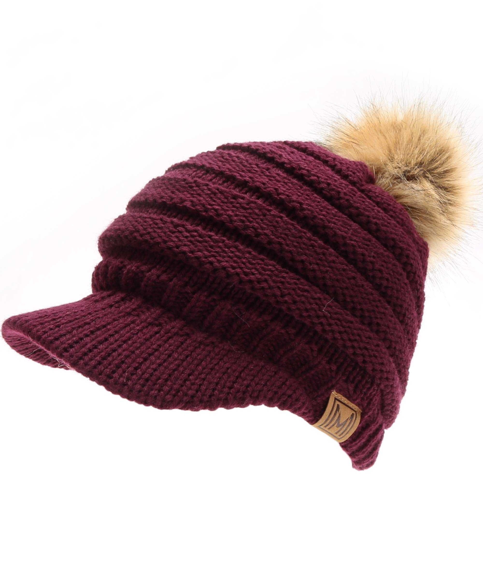 MIRMARU Women's Soft Warm Ribbed Knit Visor Brim Pom Pom Beanie Hat with Plush Lining (Plum)