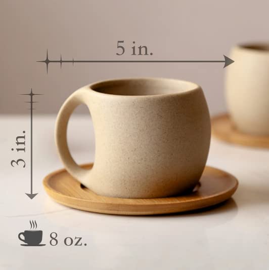 QualGifts Ceramic Coffee and Tea Cup with Natural Acacia Wood Saucer (8 Oz), Best for Latte, Cappuccino, Tea or Espresso. Unglazed Porcelain Arty Mug (Natural)