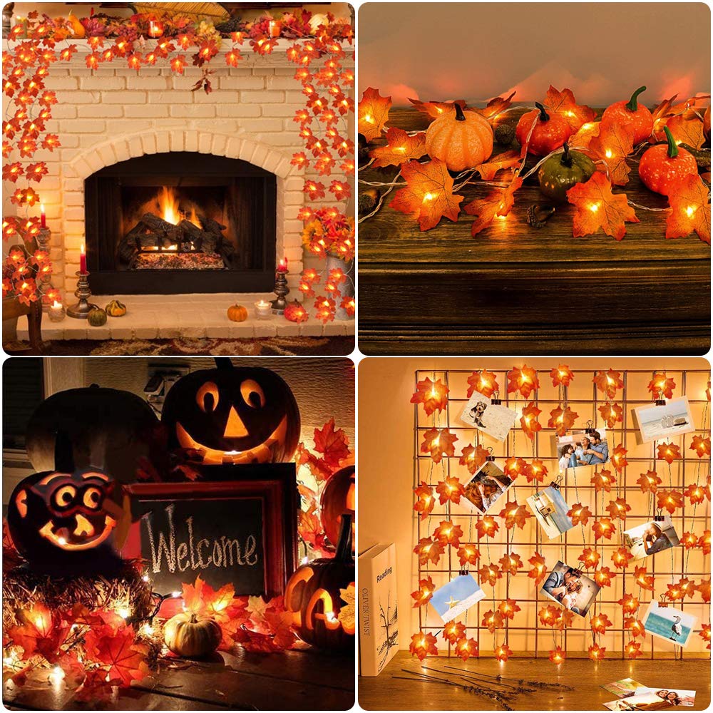 OVV 4 Pack Thanksgiving String Lights Maple Leaves Decorations Fall Leaf Garland Total 40 Ft 80 LED for Home Indoor Outdoor Garden Autumn Holiday Decor 3AA Battery Operated
