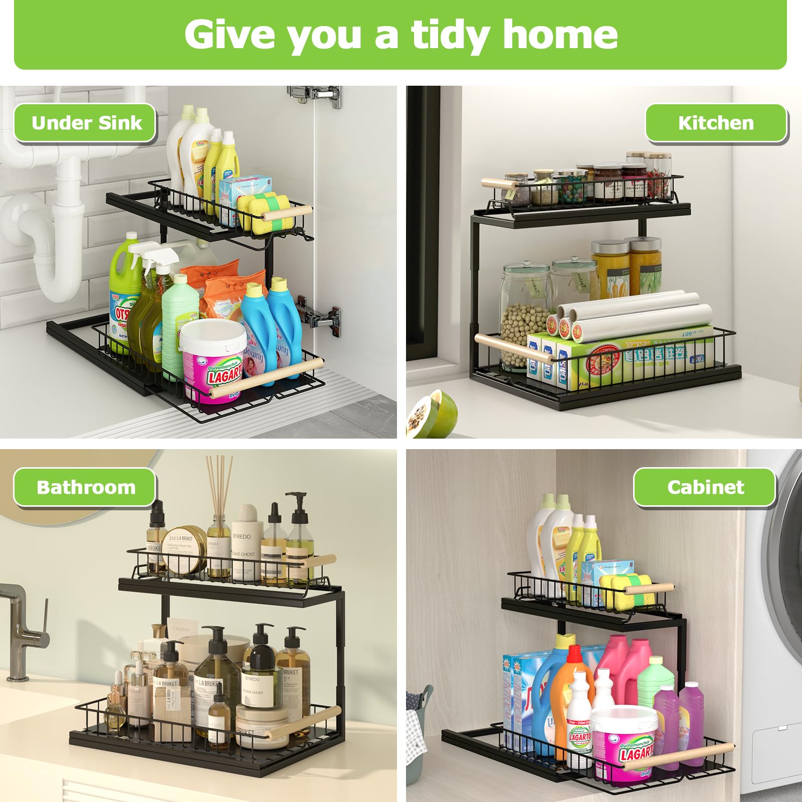 LUUDTAI Under Sink Organizers and Storage, 2-Tier Pull Out Cabinet Organizer with 2 Sliding Drawers, Multi-use Under Sink Shelf Rack for Bathroom Laundry Kitchen
