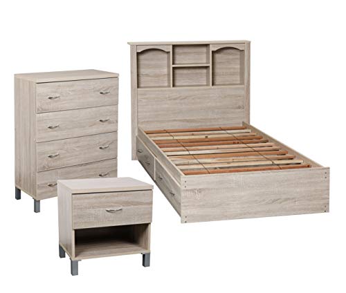 OS Home and Office Furniture Model 41109 Twin Sized Bed with Bookcase Headboard and Two Underbed Drawers Platform, Single, Sand