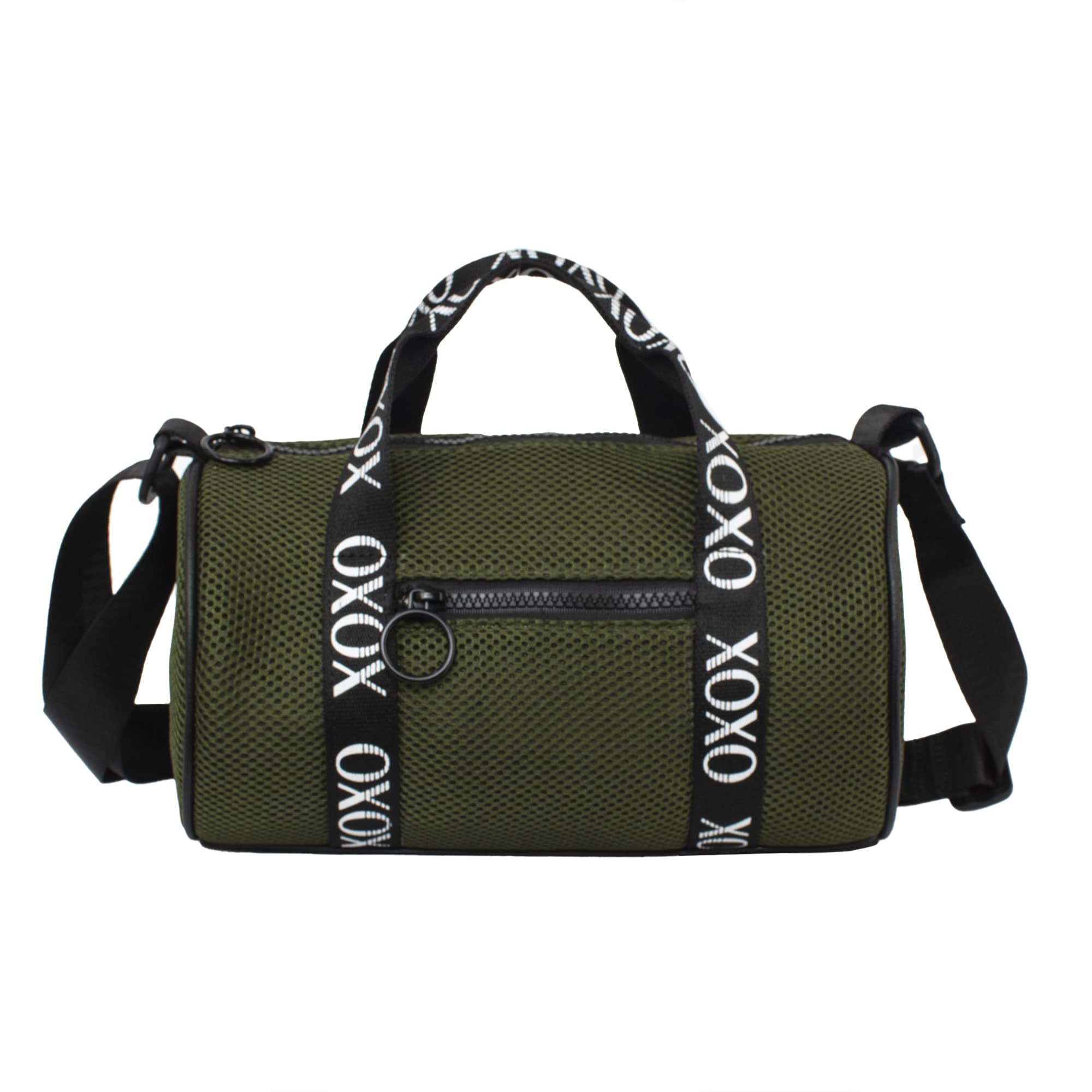 XOXO Women's Fabric Green Mesh Barrel Bag With Dual Top Handles And Adjustable Shoulder Strap